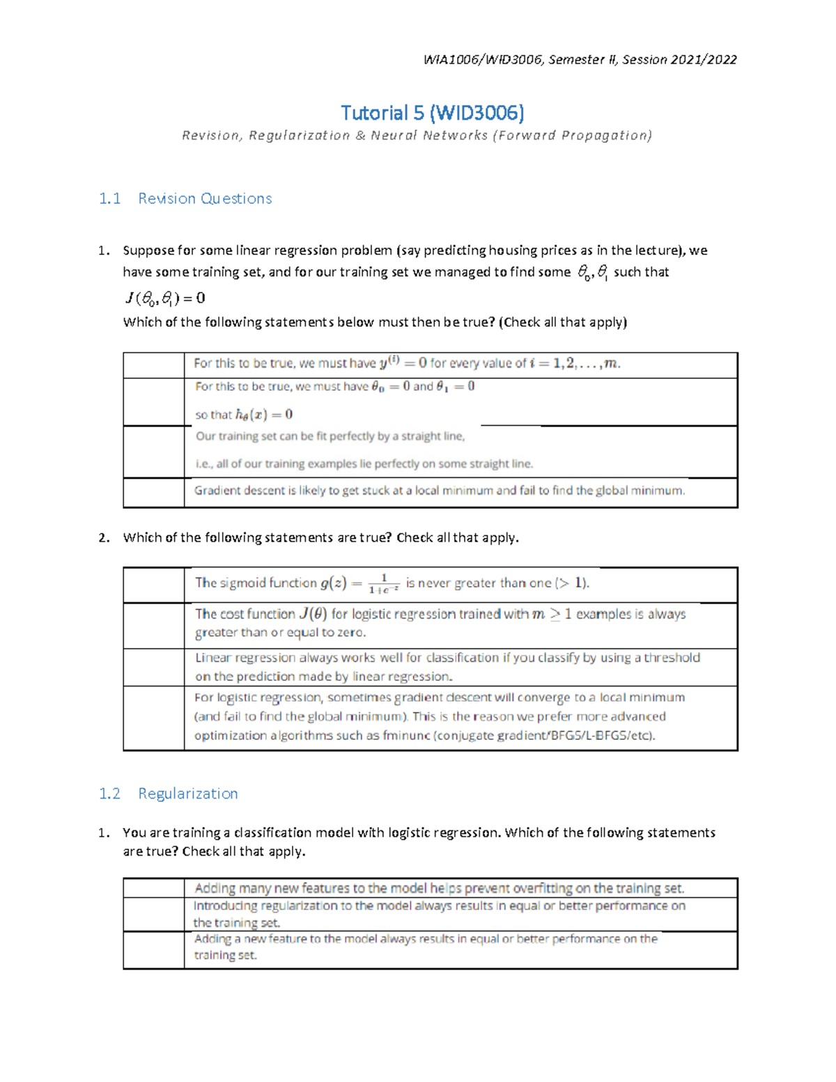 Tutorial five 2022 - Tutorial 5 (WID 3006 ) Revision, R egu lar iz atio ...