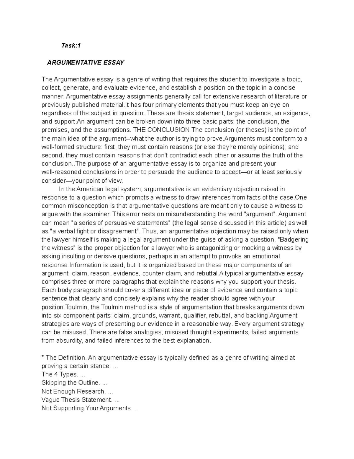 Argumentative Essay AND Refpection Paper - Task: ARGUMENTATIVE ESSAY ...