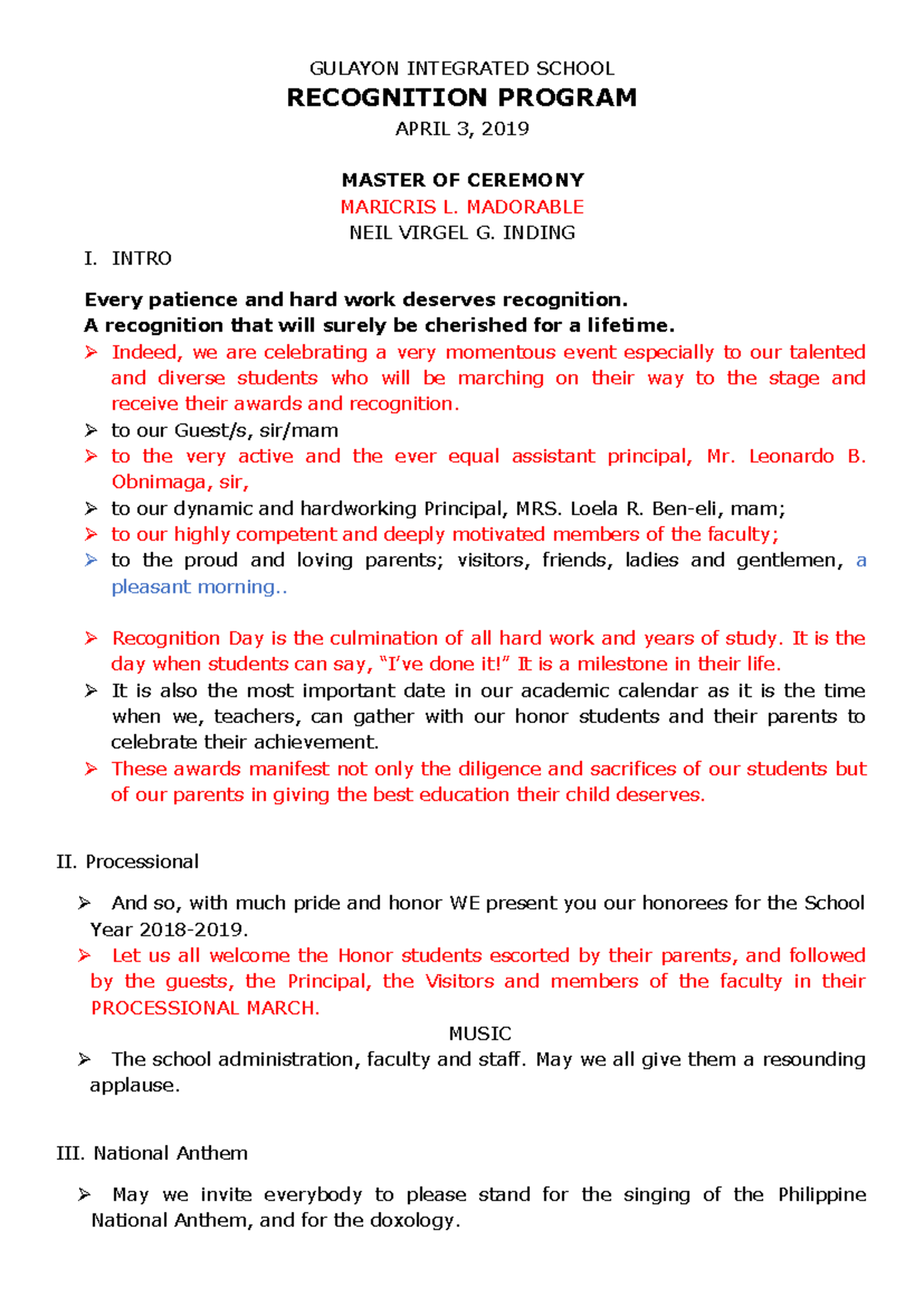 Script of Recognition Program - GULAYON INTEGRATED SCHOOL RECOGNITION ...