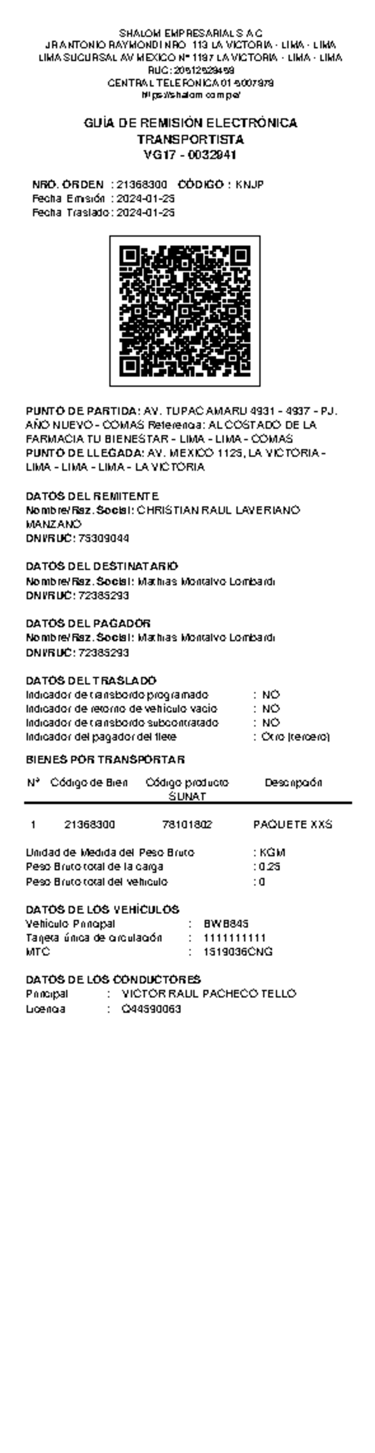 Example 021 - SHALOM EMPRESARIAL S.A JR RAYMONDI NRO. 113 LA VICTORIA - LIMA - LIMA LIMA ...
