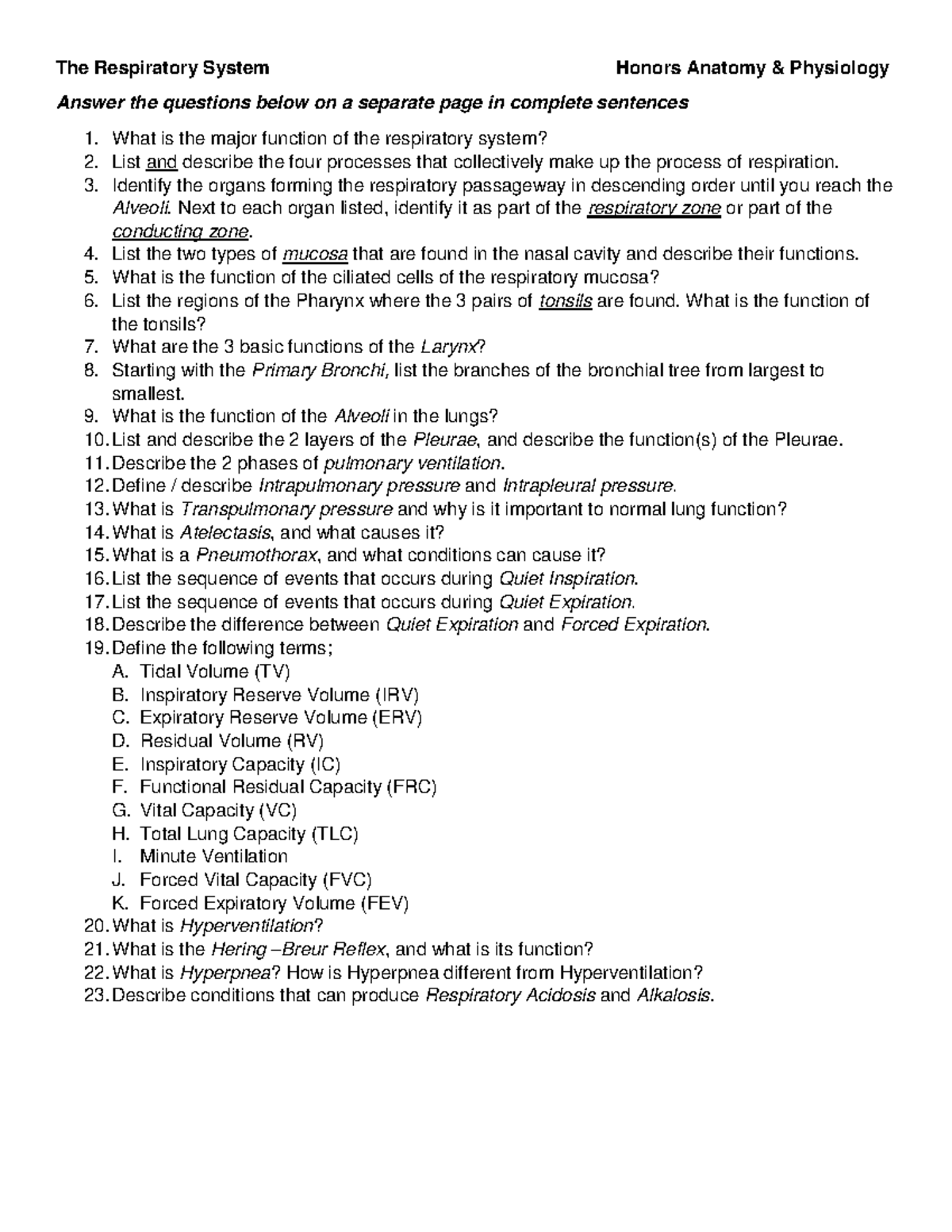 Respiratory System Review - The Respiratory System Honors Anatomy ...
