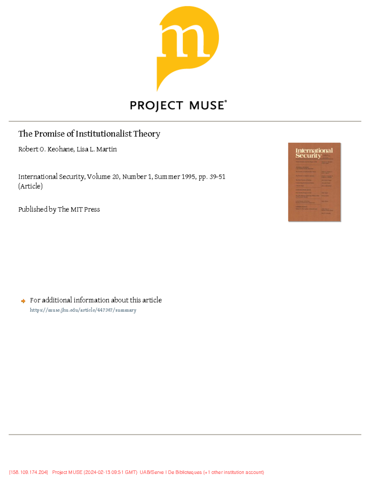 Keohane and Martin 1995 - The Promise of Institutionalist Theory ...