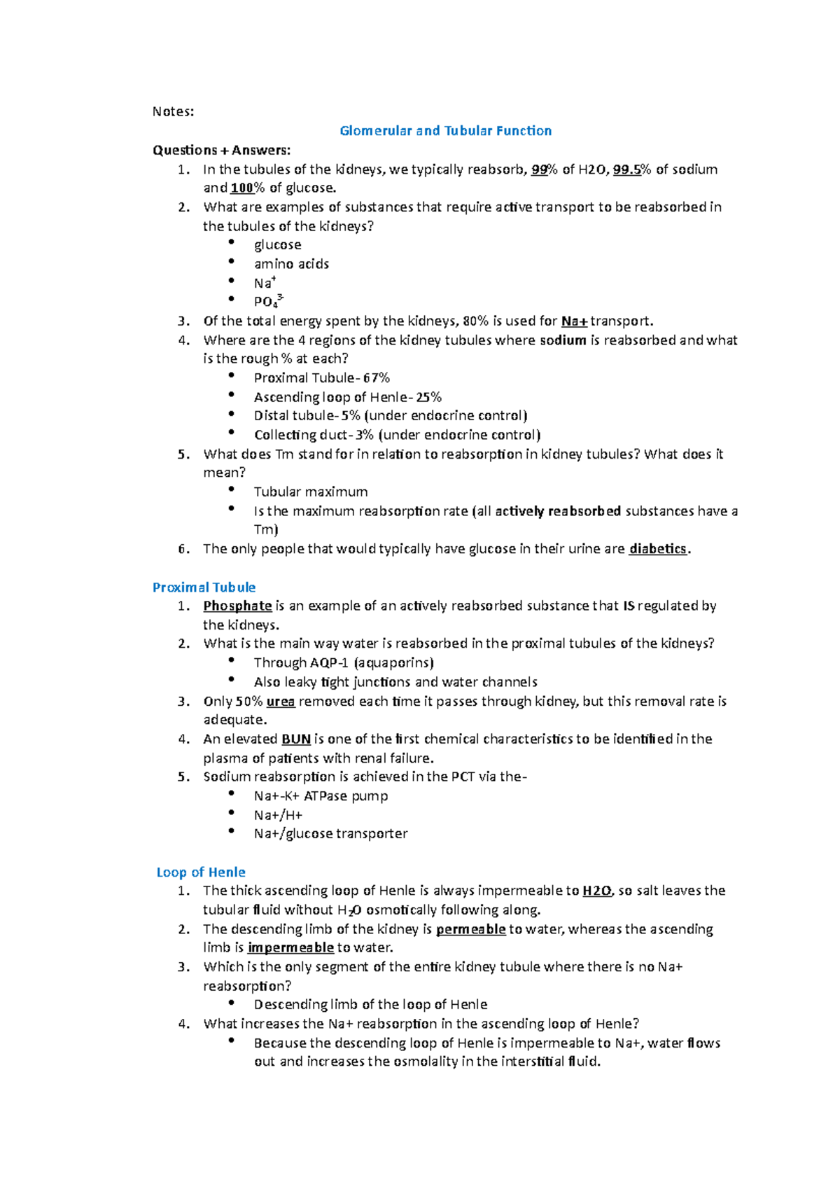 Glomerular and Tubular Function - Notes: Glomerular and Tubular ...