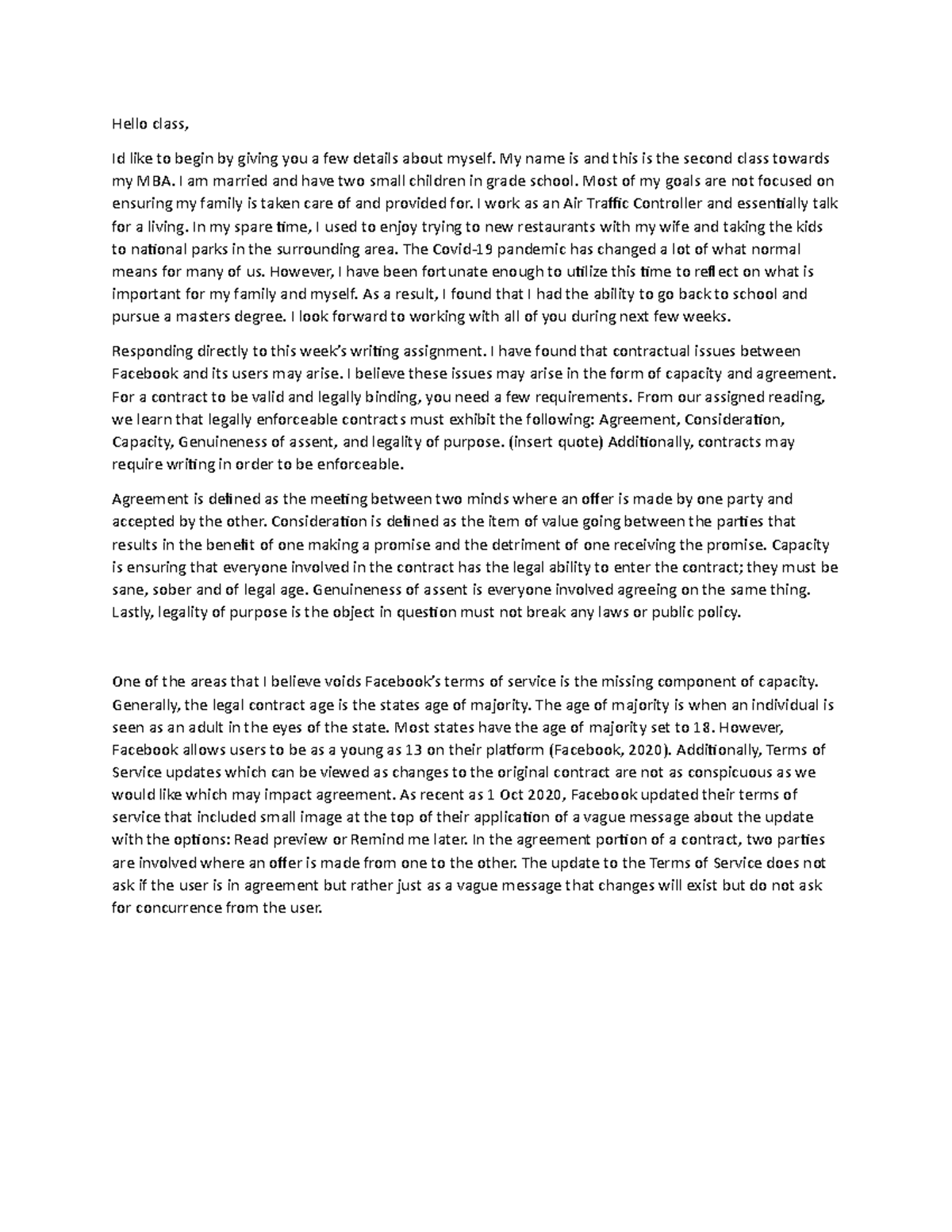 Business Law Discussion post week 1 - Hello class, Id like to begin by ...