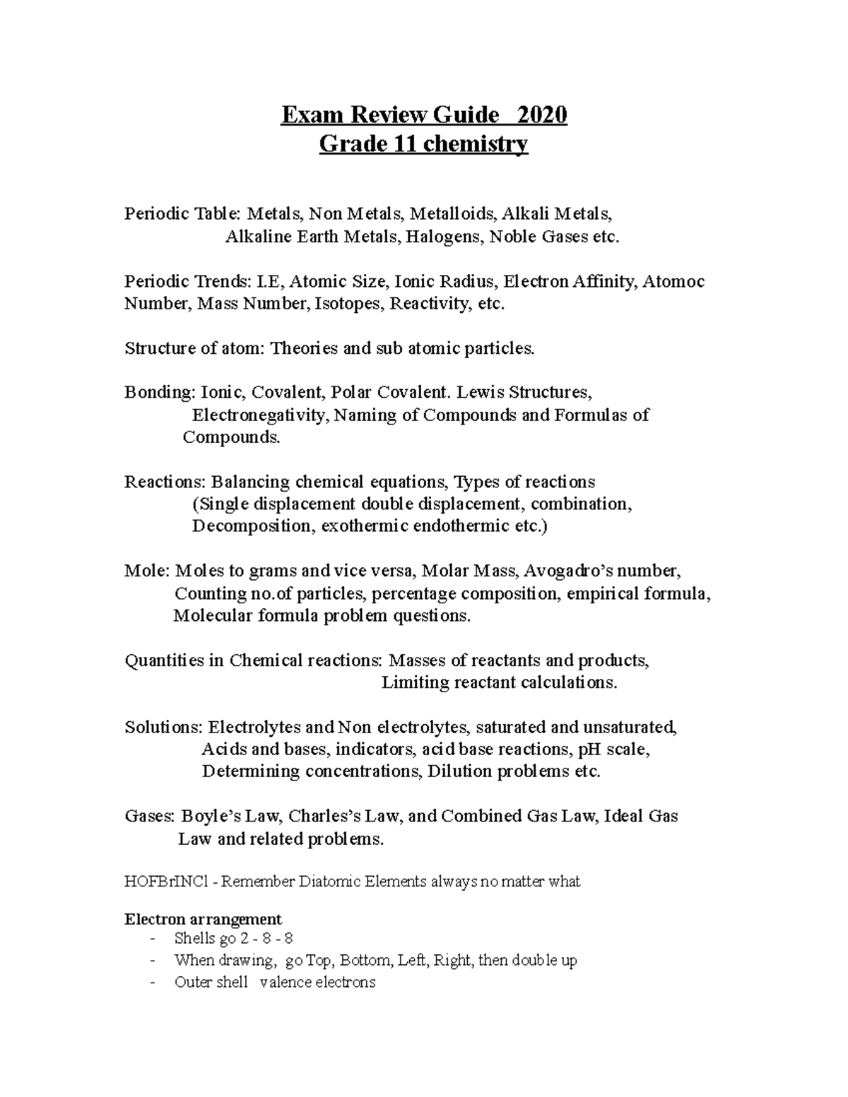 Exam Review Chemistry - Exam Review Guide 2020 Grade 11 chemistry ...