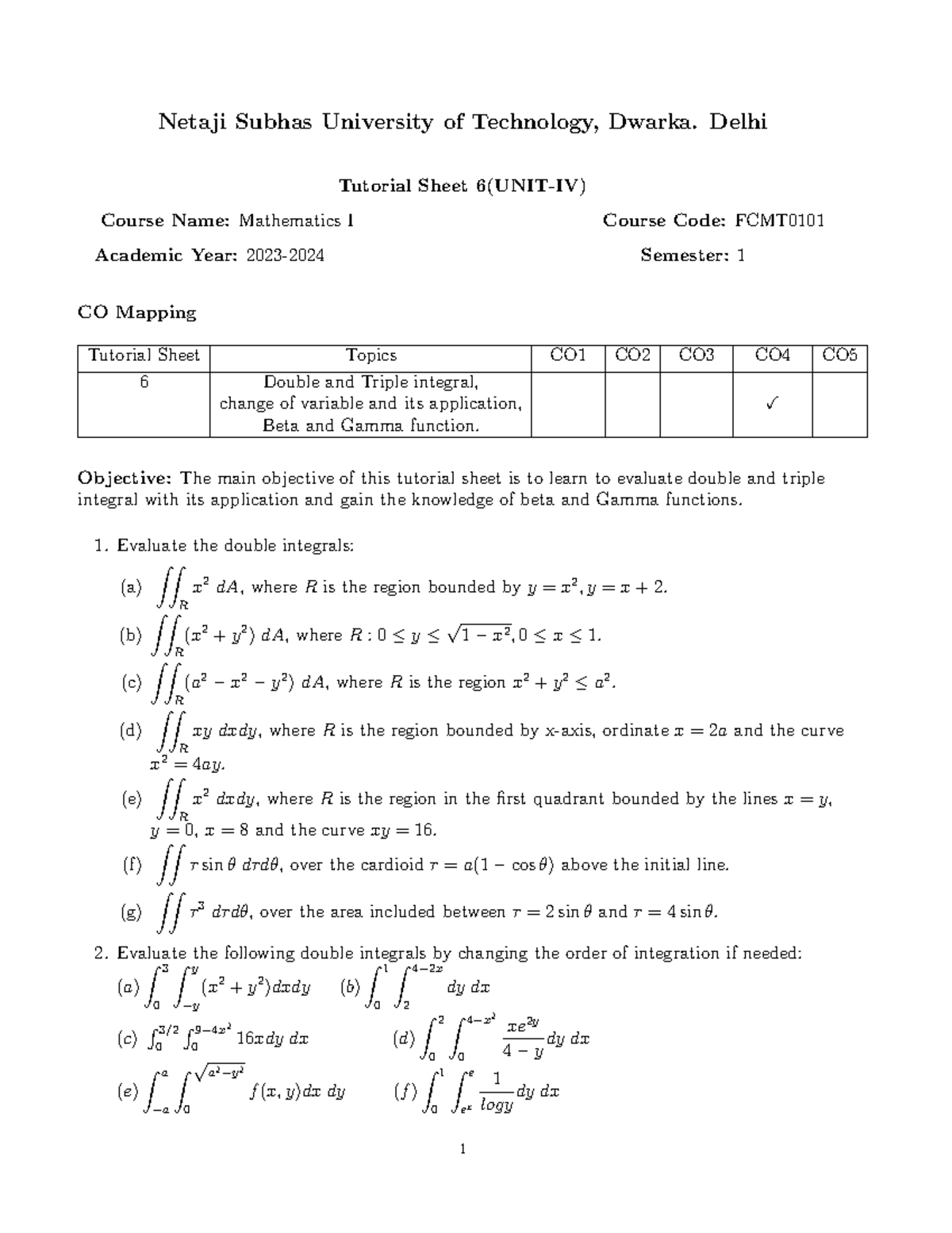 Tutorial Sheet 6 Netaji Subhas University Of Technology Dwarka Delhi Tutorial Sheet 6unit