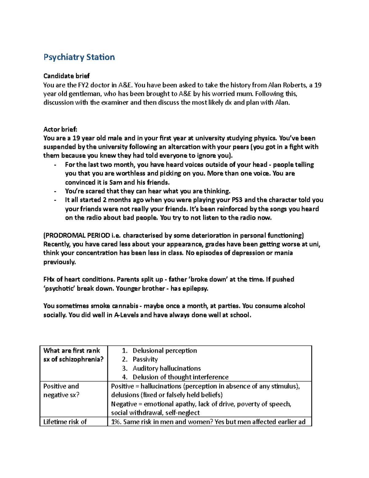 Schizophrenia psychiatry history - Psychiatry Station Candidate brief ...