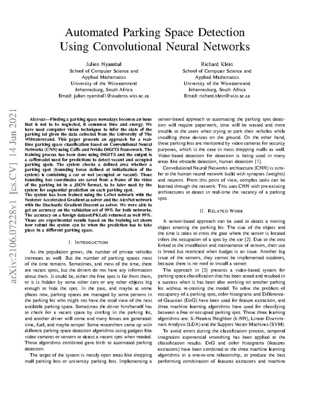 Automated Parking Space Detection Using Convolutional Neural Networks Automated Parking Space