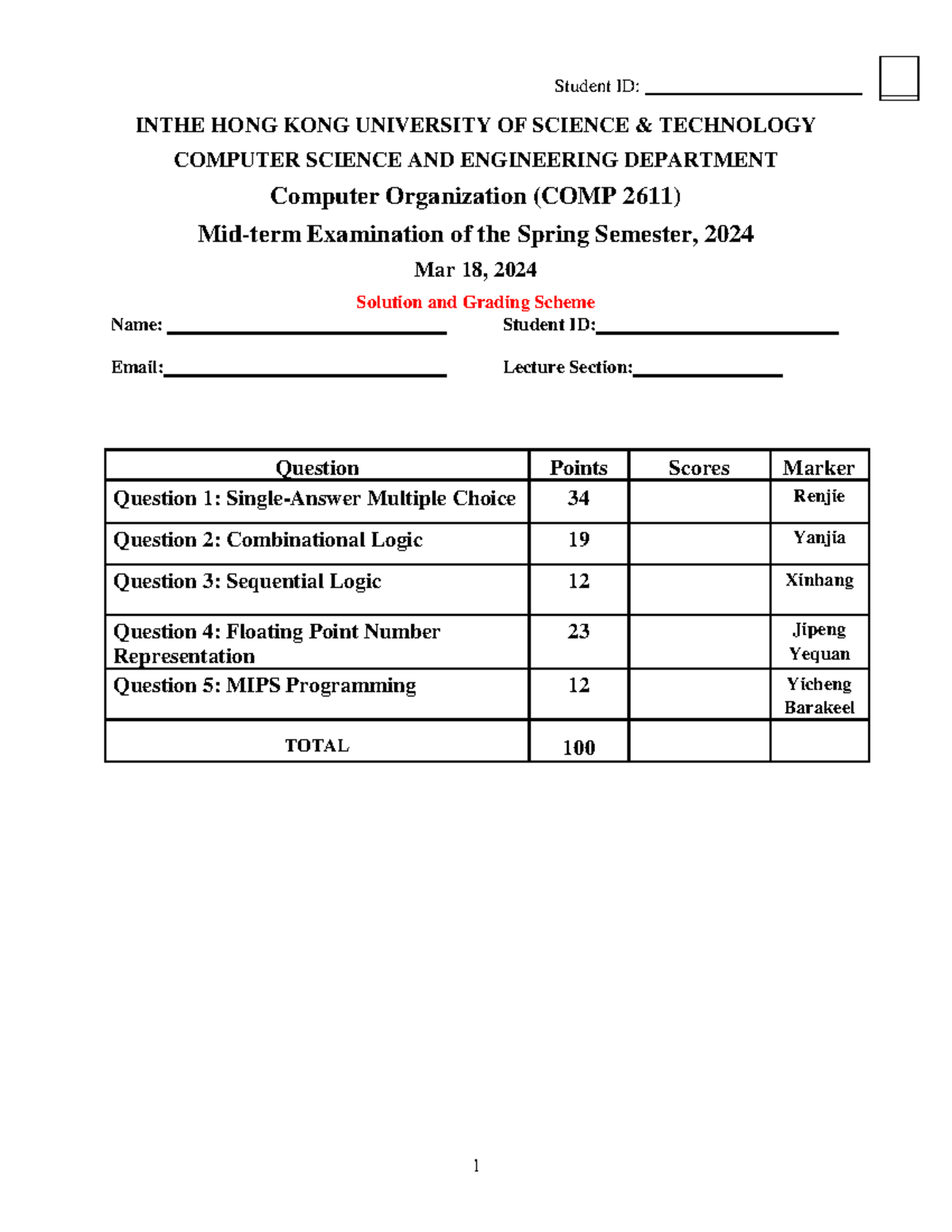 COMP2611 Spring 2024-Midterm-Marking Scheme - INTHE HONG KONG UNIVERSITY OF SCIENCE & TECHNOLOGY ...