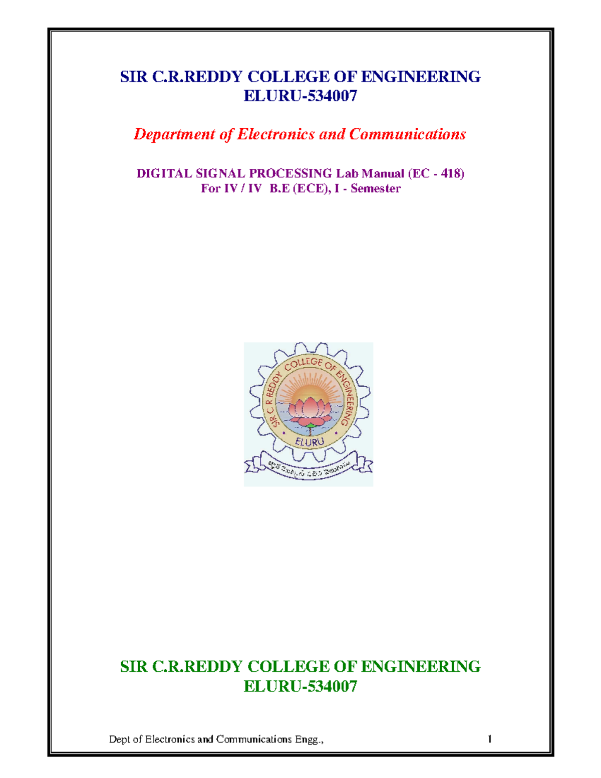 Dsplab - practical on matlab of dsp along with code and theory - SIR C.R COLLEGE OF ENGINEERING ...