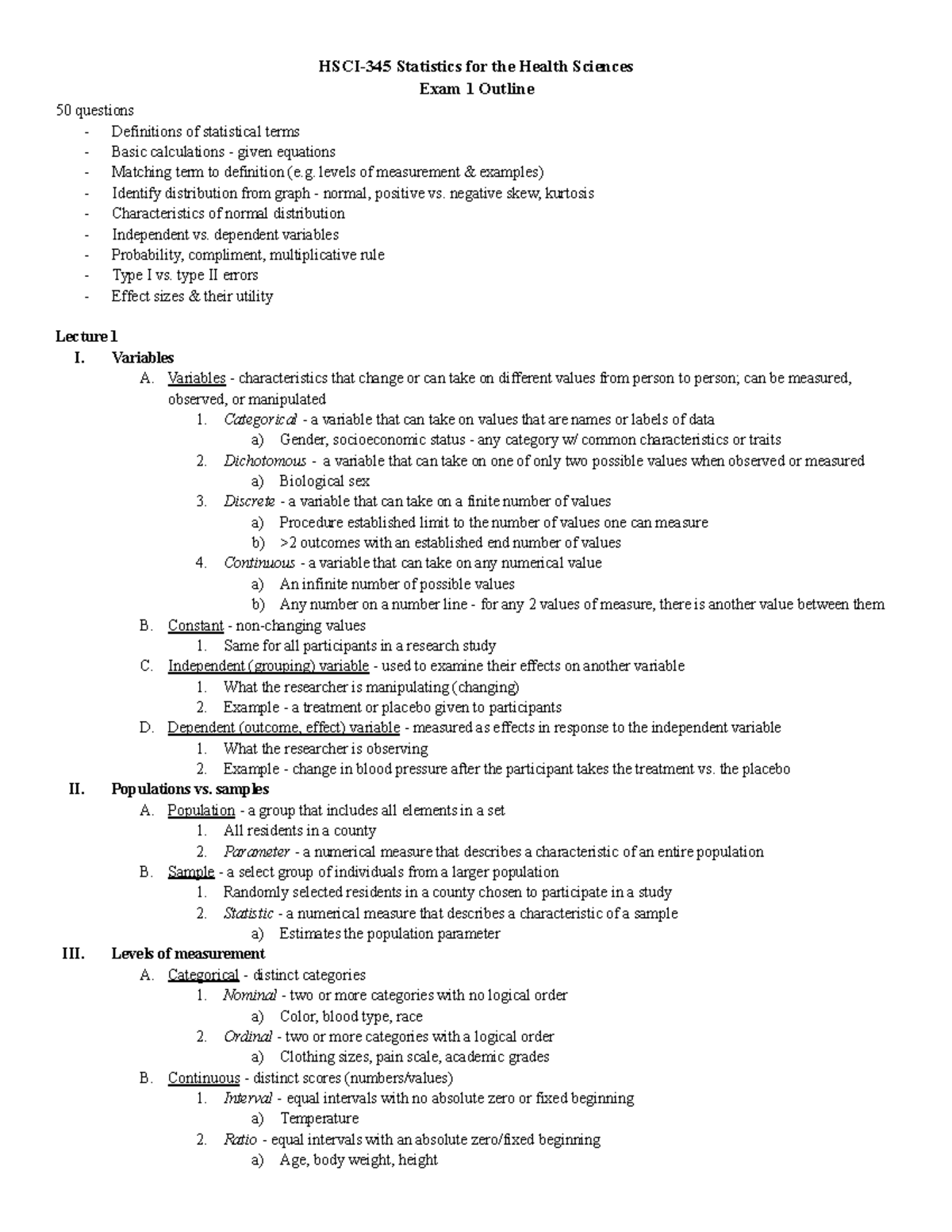 Stats exam 1 study guide - HSCI-345 Statistics for the Health Sciences Exam 1 Outline 50 ...