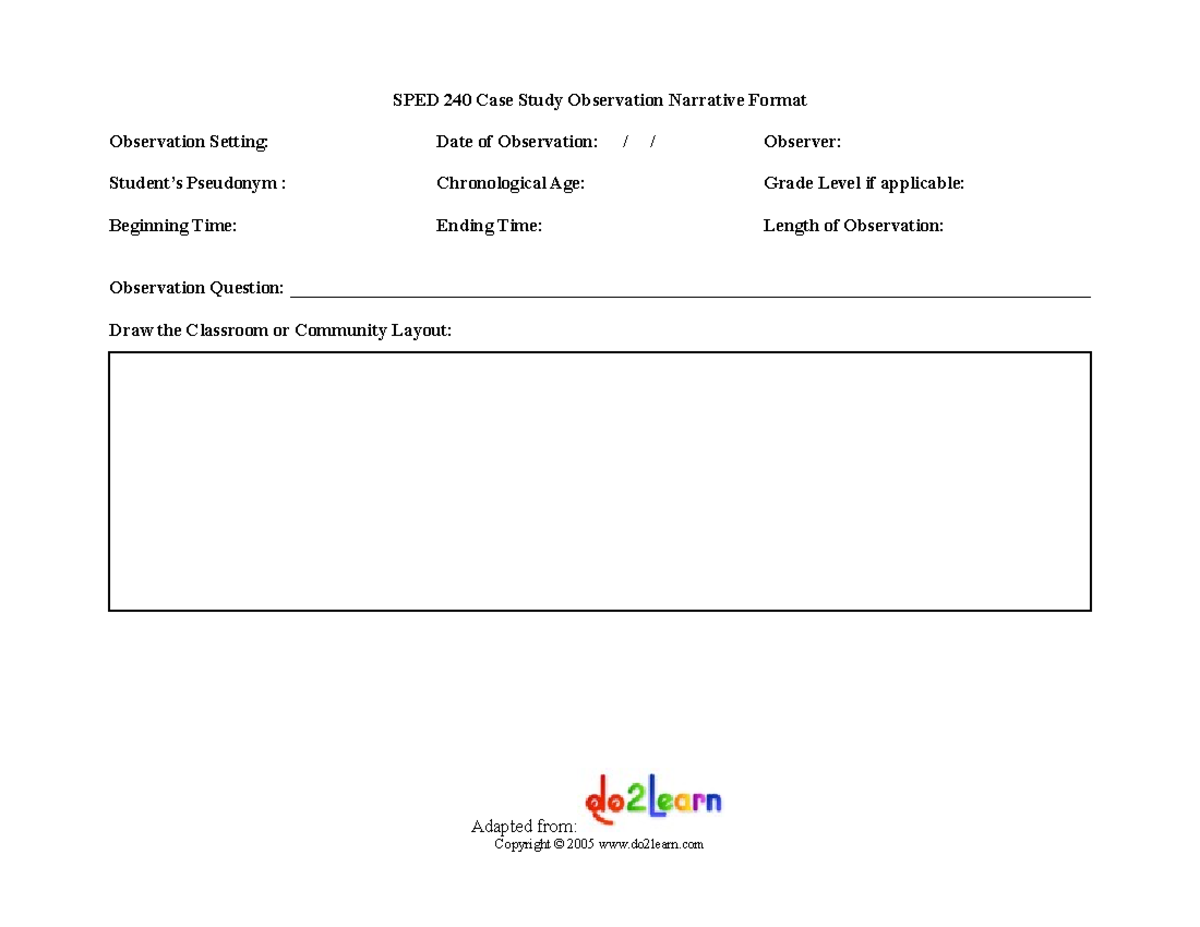 SPED 240 Observation Form Focused on Environment and in Narrative ...