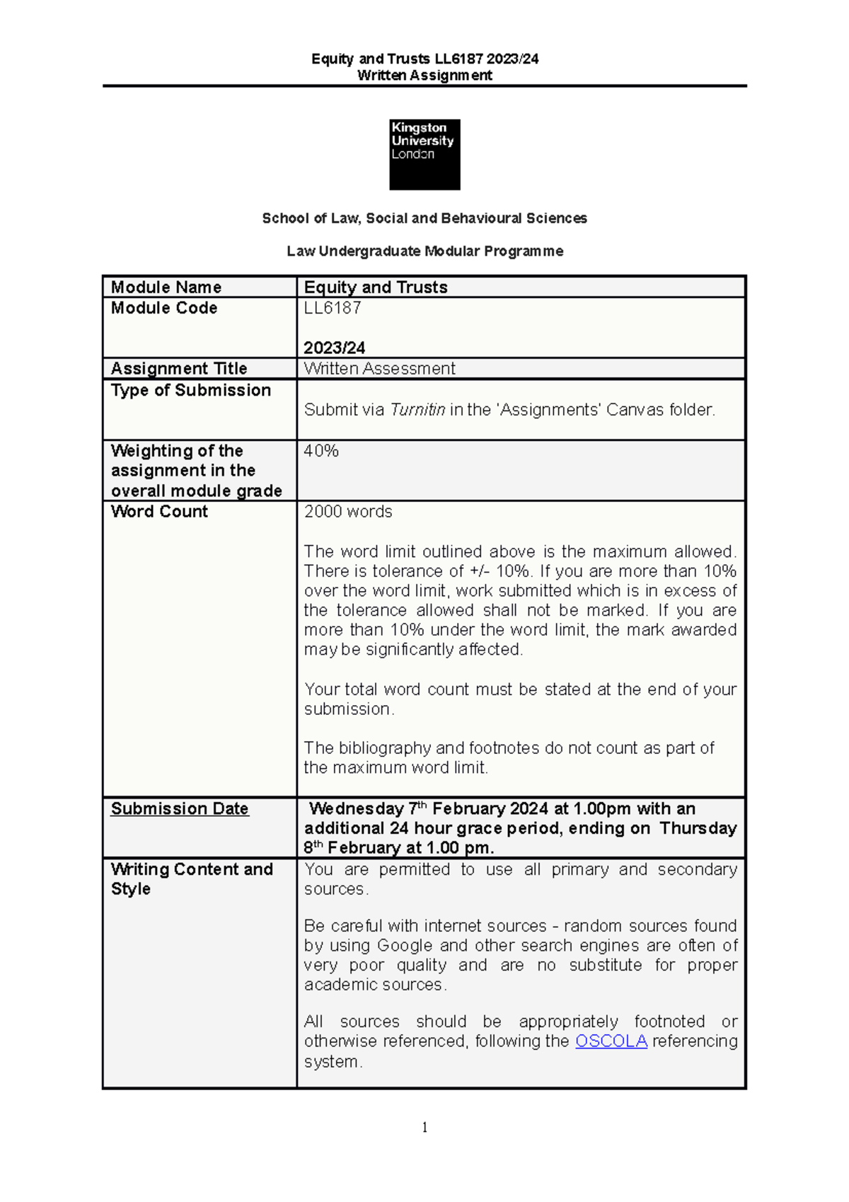Coursework Student View - Written Assignment School of Law, Social and ...