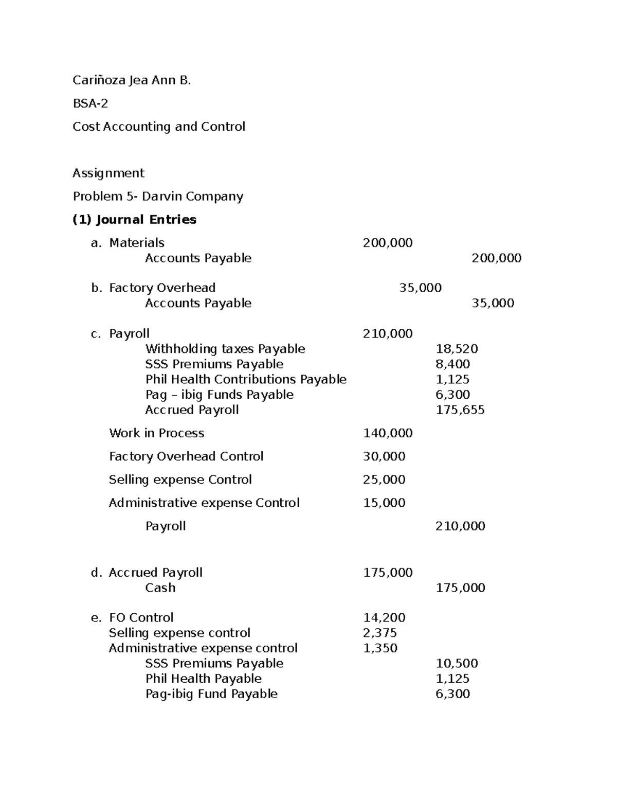 Chapter 3 Cost accounting and control assignment - Cariñoza Jea Ann B ...