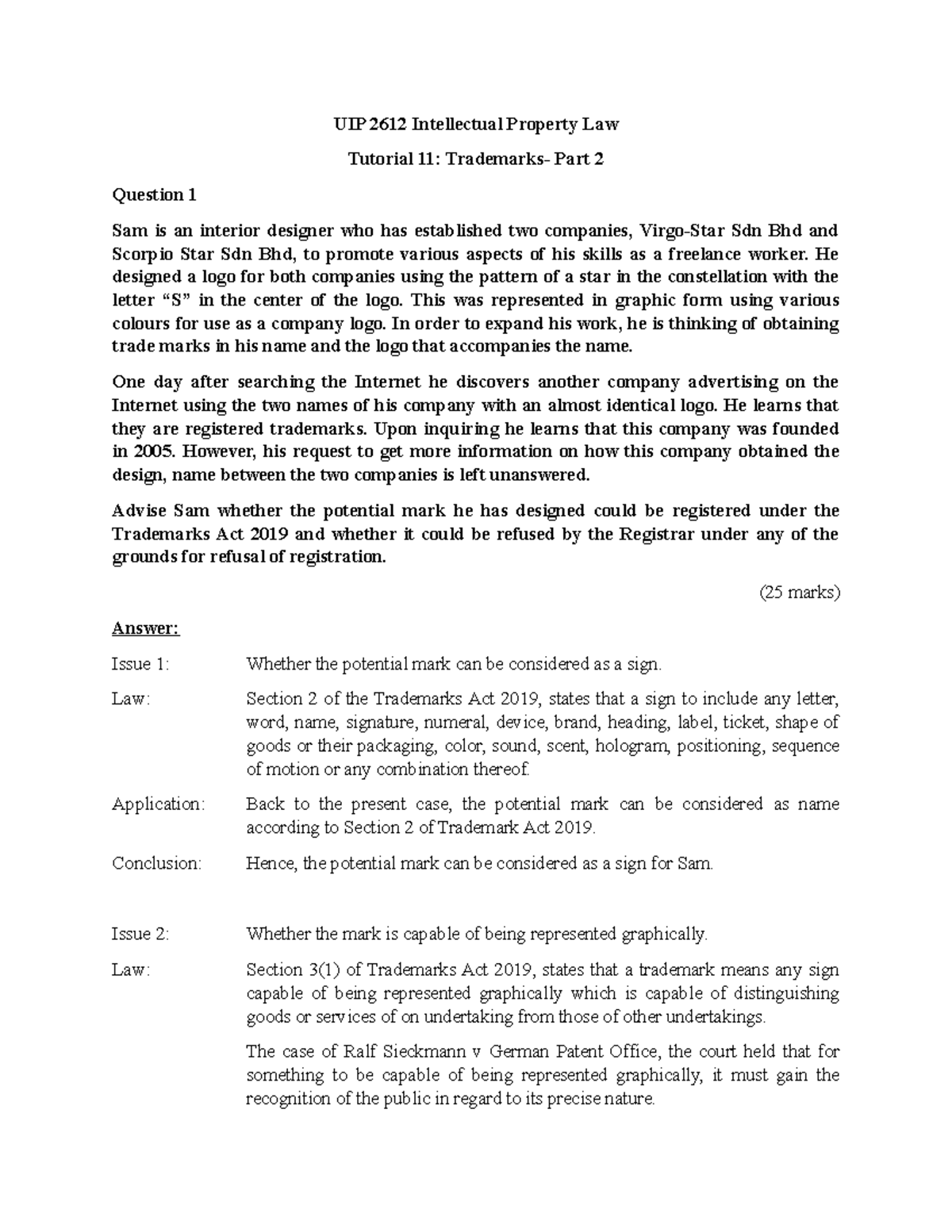Tutorial 11 Intellectual Property Law Answer - UIP 2612 Intellectual ...