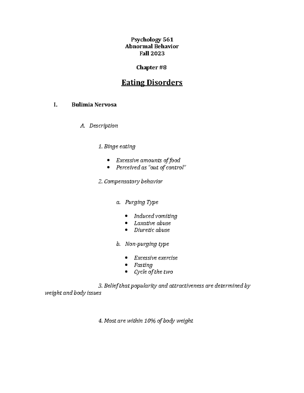 Psychology 561 Abnormal Behavior Fall 2023 Chapter Eating Disorders ...