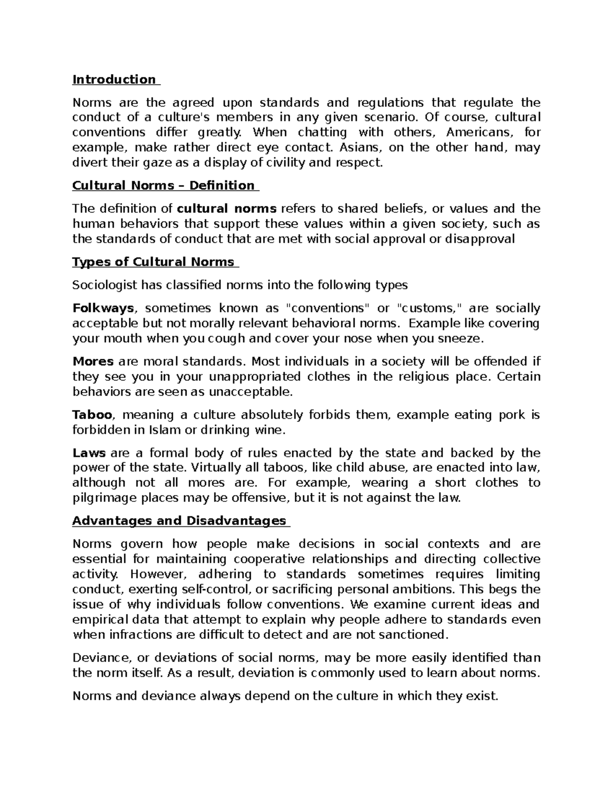 Cultural Norms - good notes - Introduction Norms are the agreed upon ...