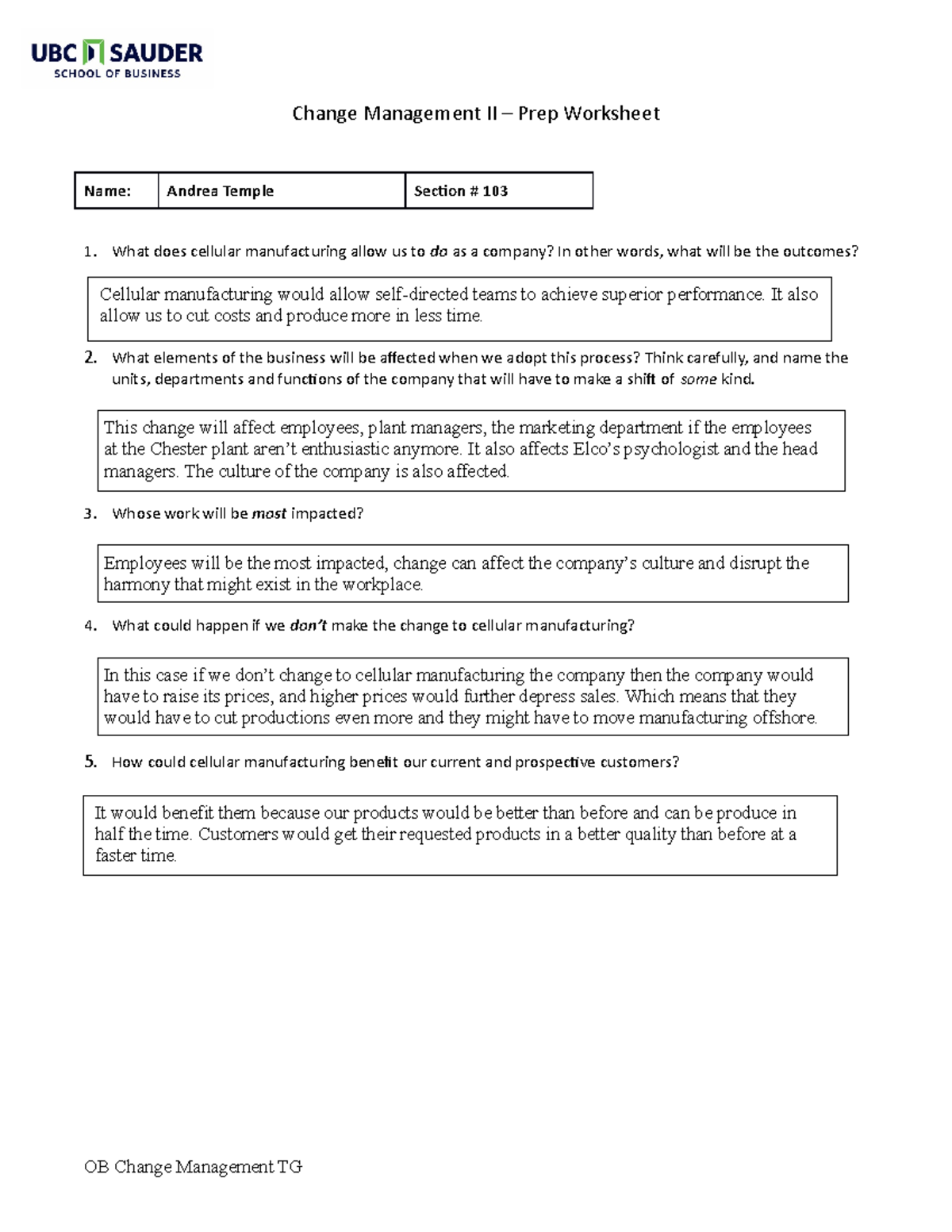 Change Managment II prep worksheet Andrea Temple - Change Management II ...
