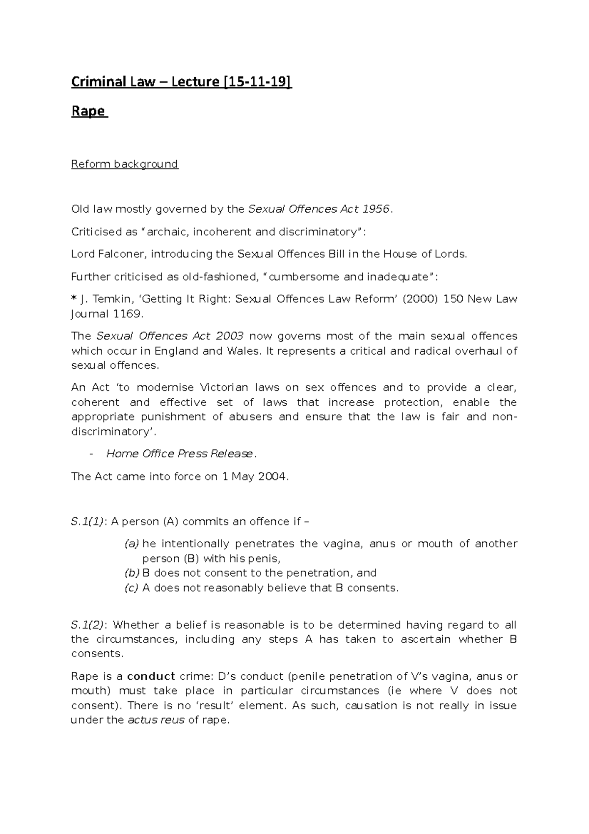 Rape 15-11-19 - Lecture notes 11 - Criminal Law – Lecture [15-11-19 ...