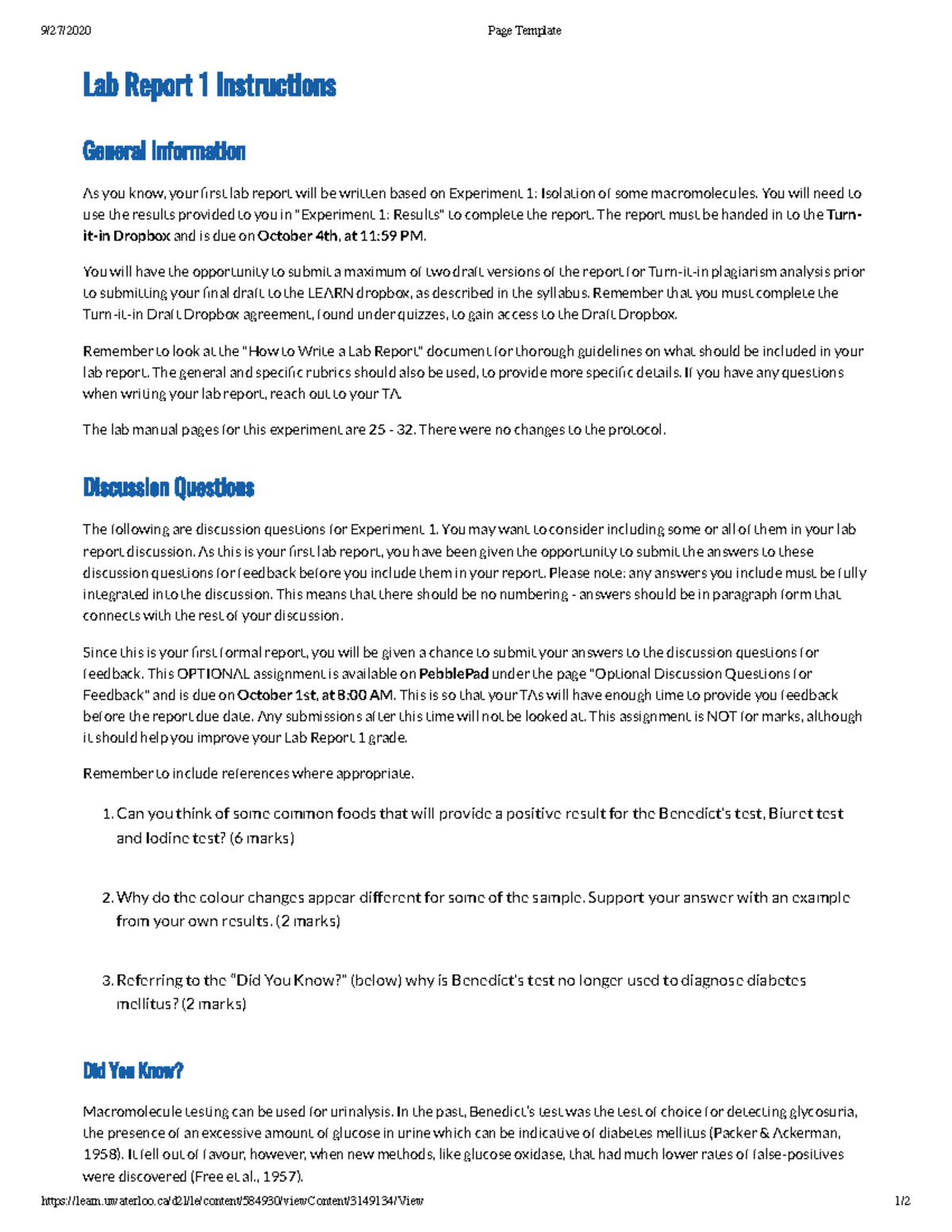 PAGE 1 Lab Report 1 Instructions - BIOL 130L - Fall 2020 - 9/27/2020 ...