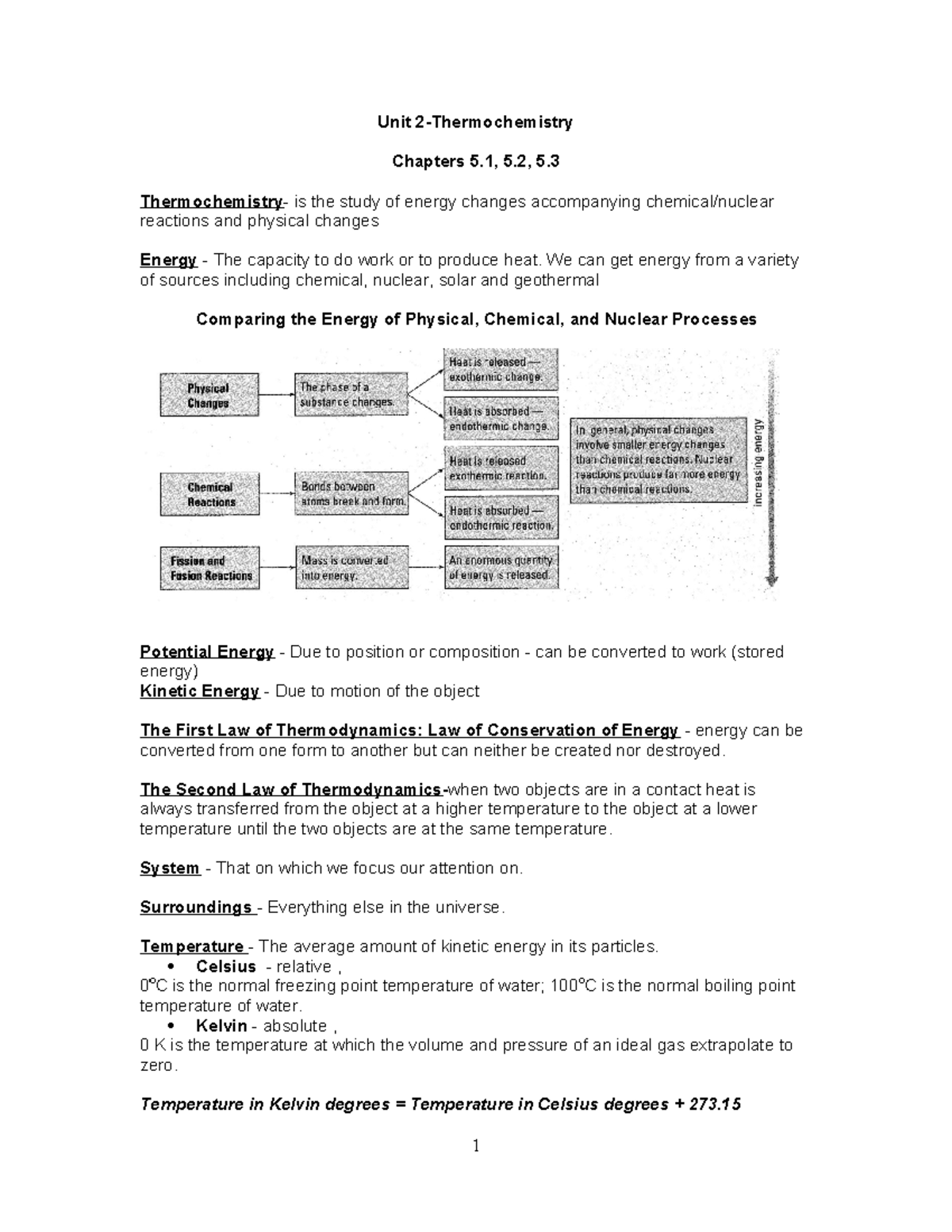 Thermochemistry -handouts - Unit 2-Thermochemistry Chapters 5, 5, 5 ...