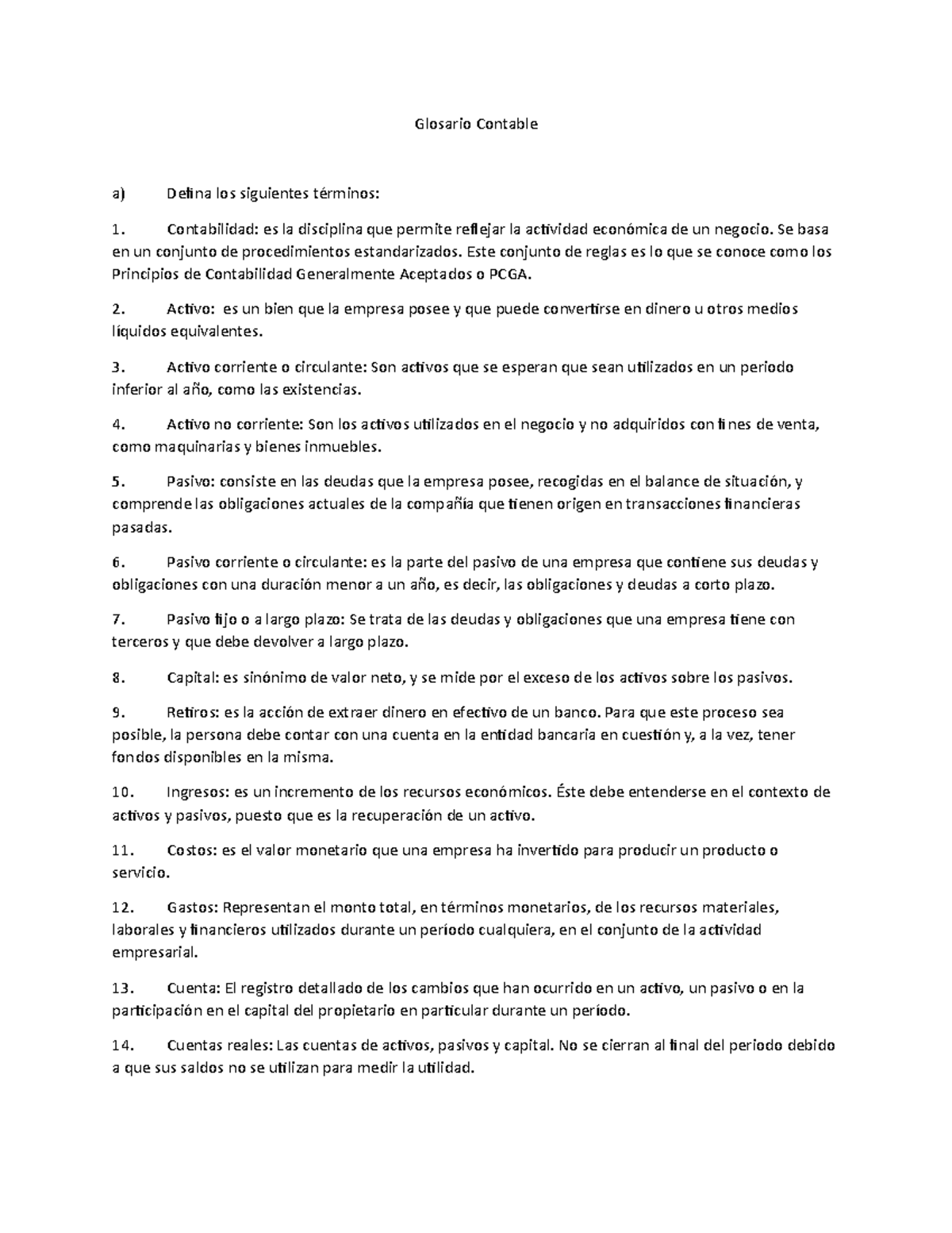 Glosario de Contabilidad para - Glosario Contable a) Defina los ...