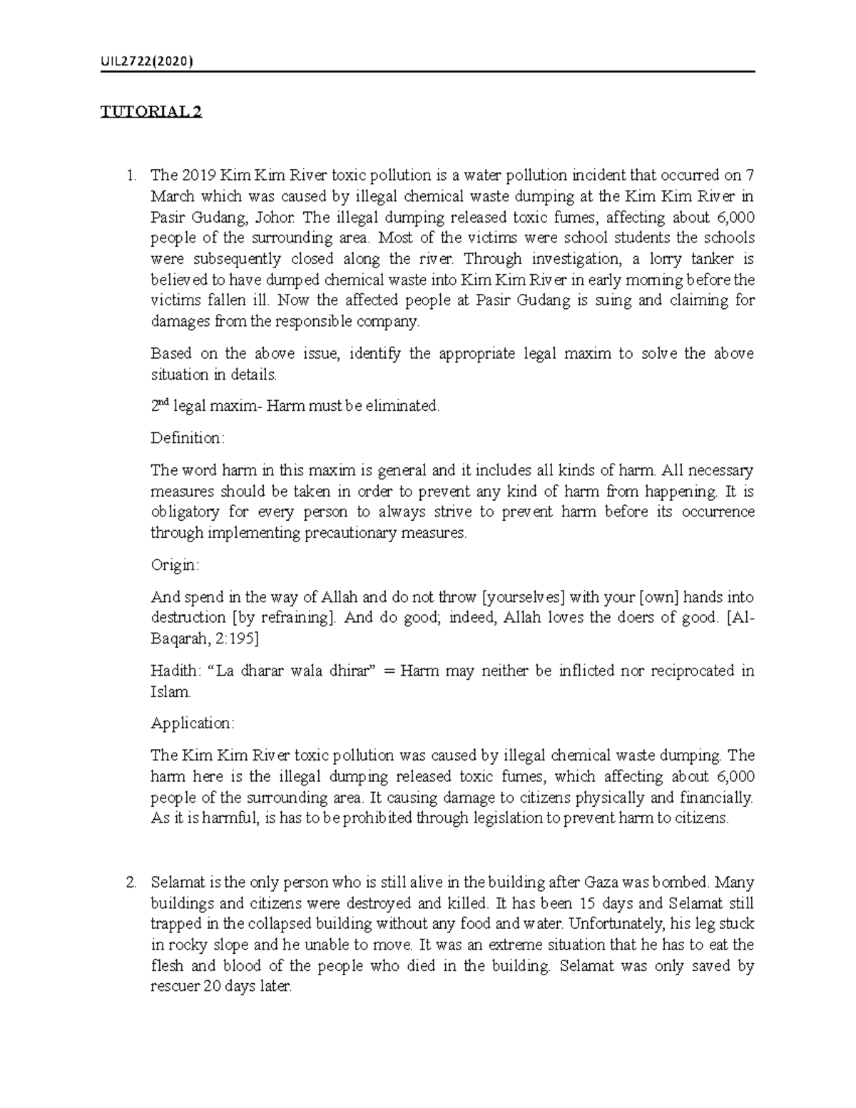 Tutoria 2 - UIL2722(2020) TUTORIAL 2 The 2019 Kim Kim River toxic ...