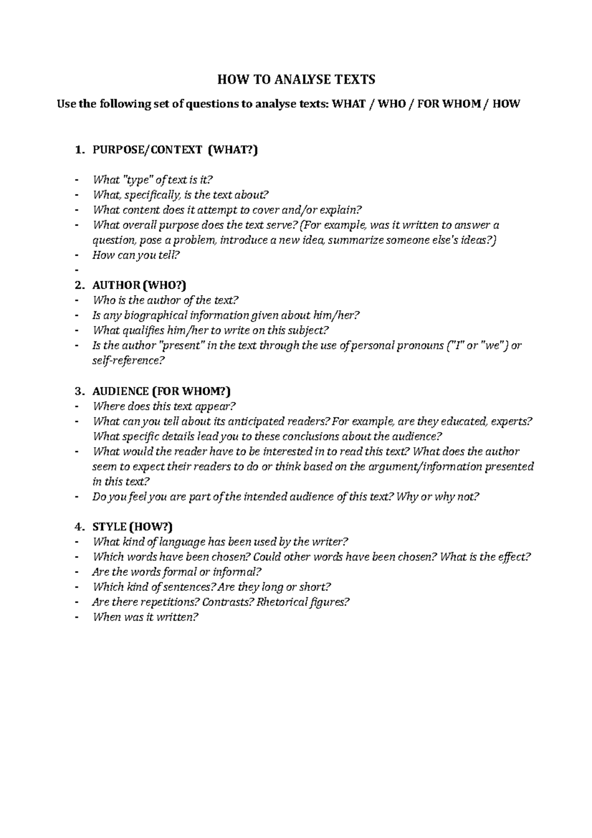 HOW TO Analyse Texts - Materiale per studio della lingua inglese negli ...