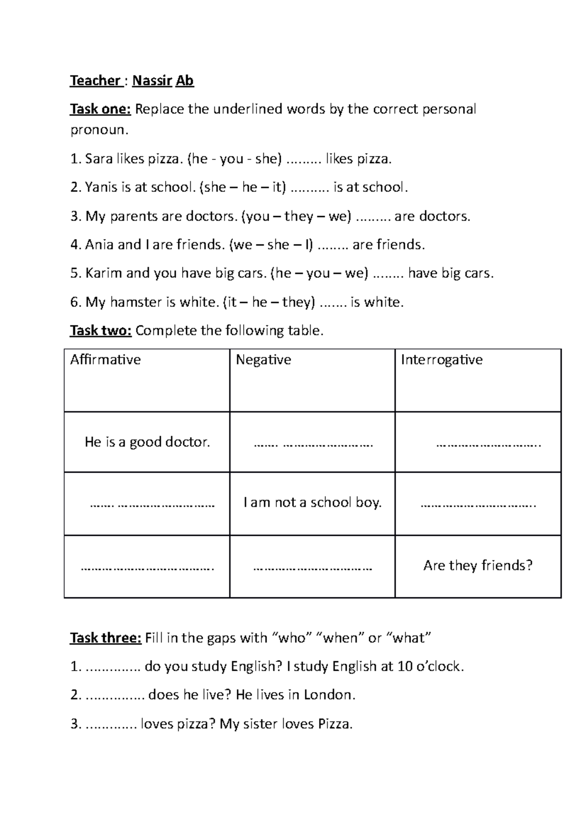 Teacher أولي متوسط - Teacher : Nassir Ab Task one: Replace the ...