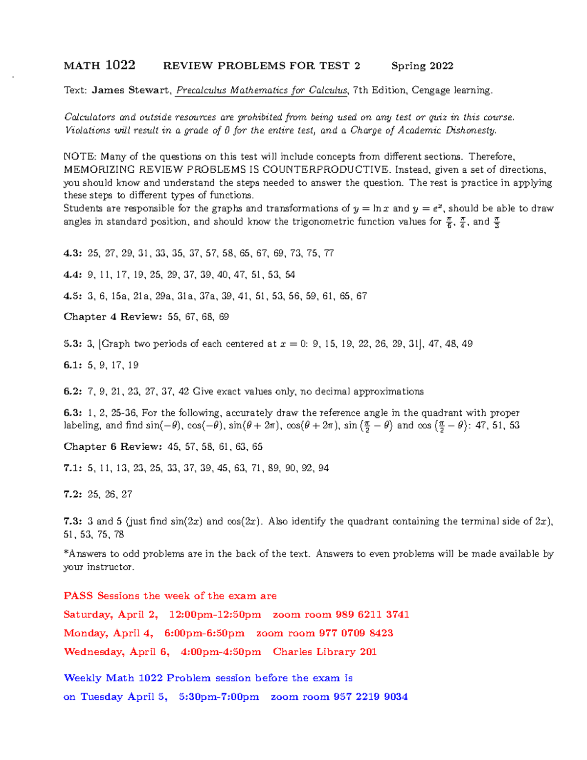 1022 Review Test 2 - exam 2 study guide - . MATH 1022 REVIEW PROBLEMS ...