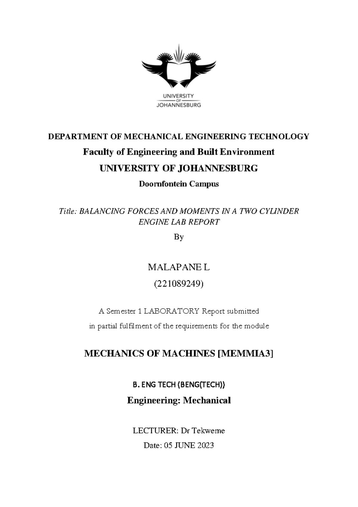 Malapane L 221089249 Mechanics lab 3 - DEPARTMENT OF MECHANICAL ...