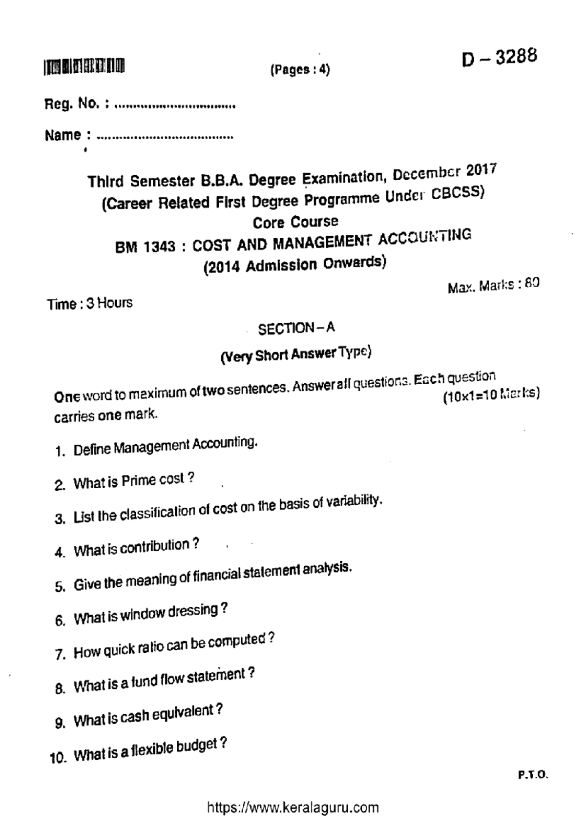 Bba-3-sem-cost-and-management-accounting-d-3288-dec-2017 - D 3288 (Pages : 4) Reg. No. : Name ...