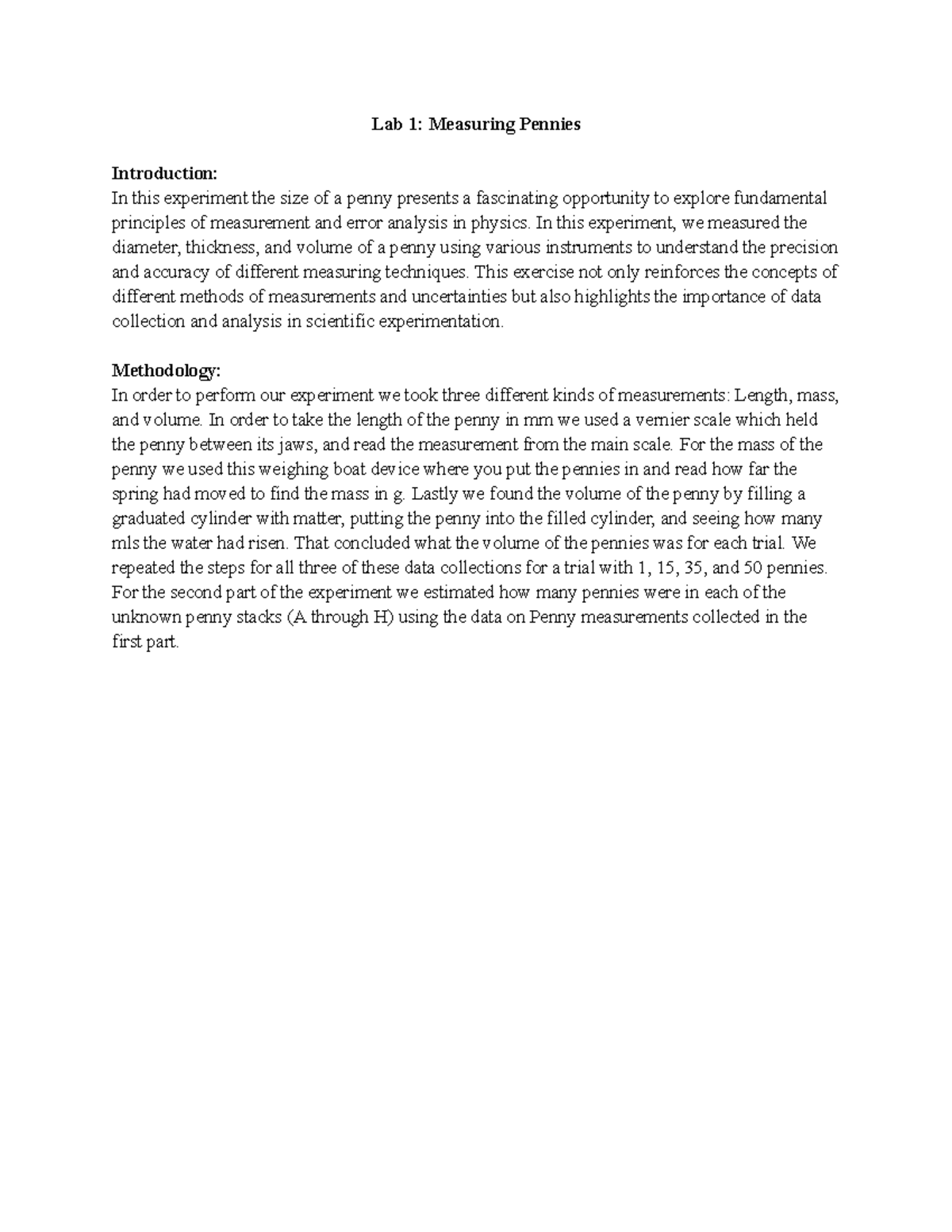 Lab 1 - lab 1 of physics 1 - Lab 1: Measuring Pennies Introduction: In ...