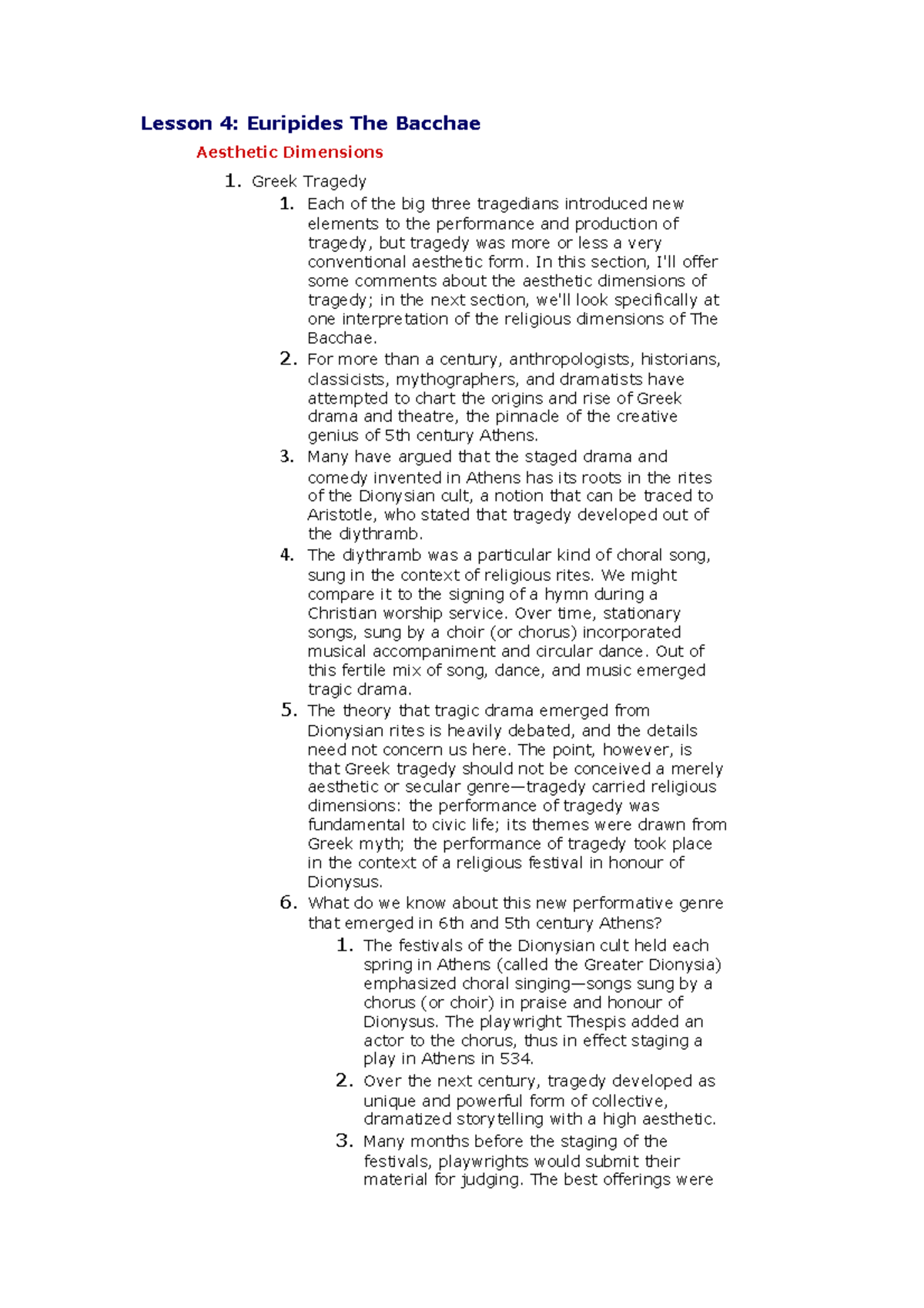 4lesson notes lecture - Lesson 4: Euripides The Bacchae Aesthetic ...