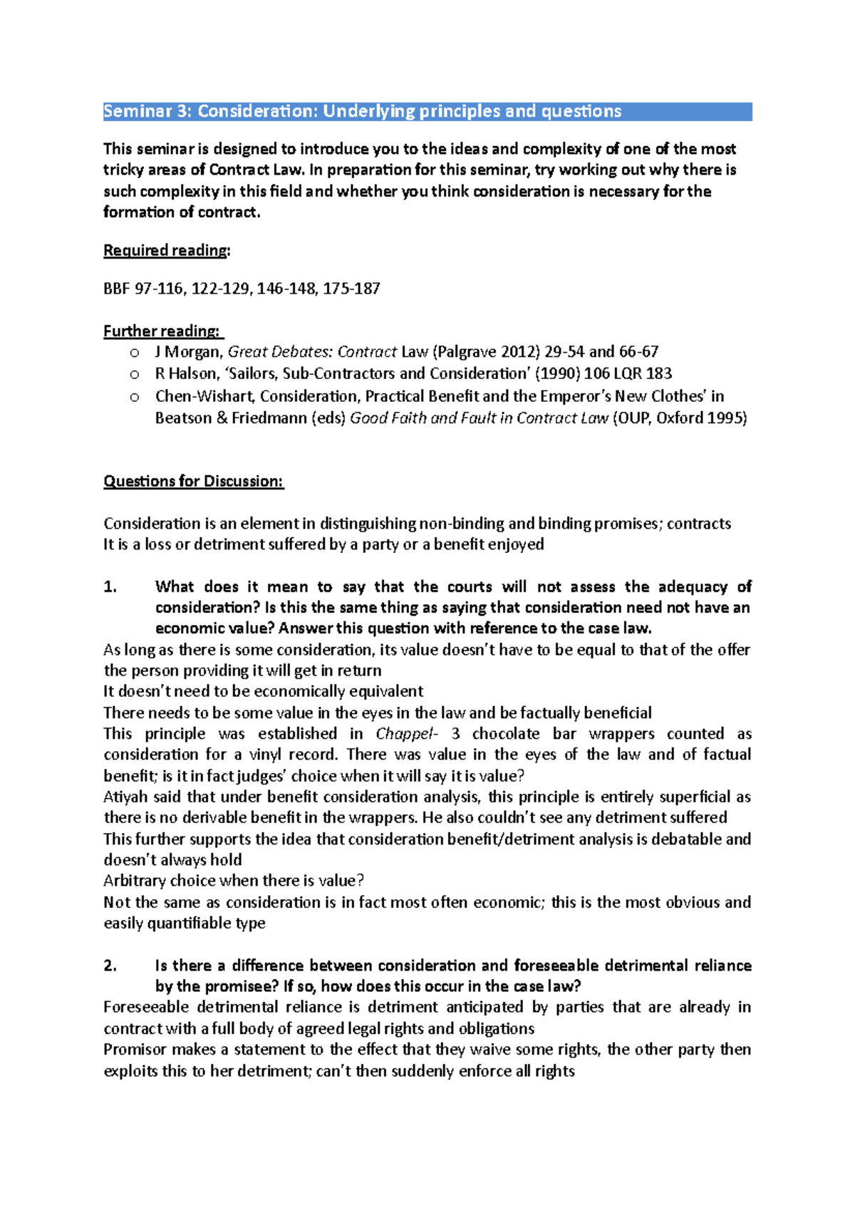 Contract Seminar 3 - Seminar 3: Consideration: Underlying principles ...