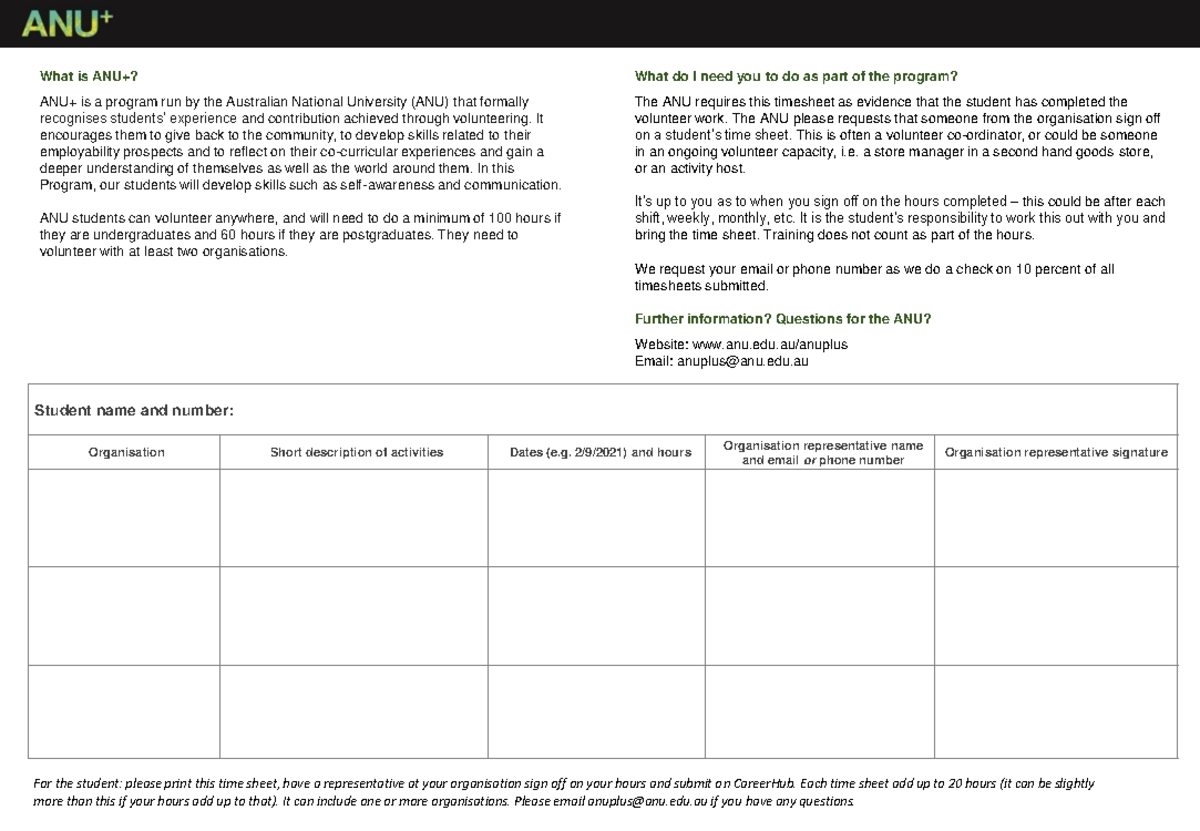 ANU+ timesheet - timetable - What is ANU+? ANU+ is a program run by the ...