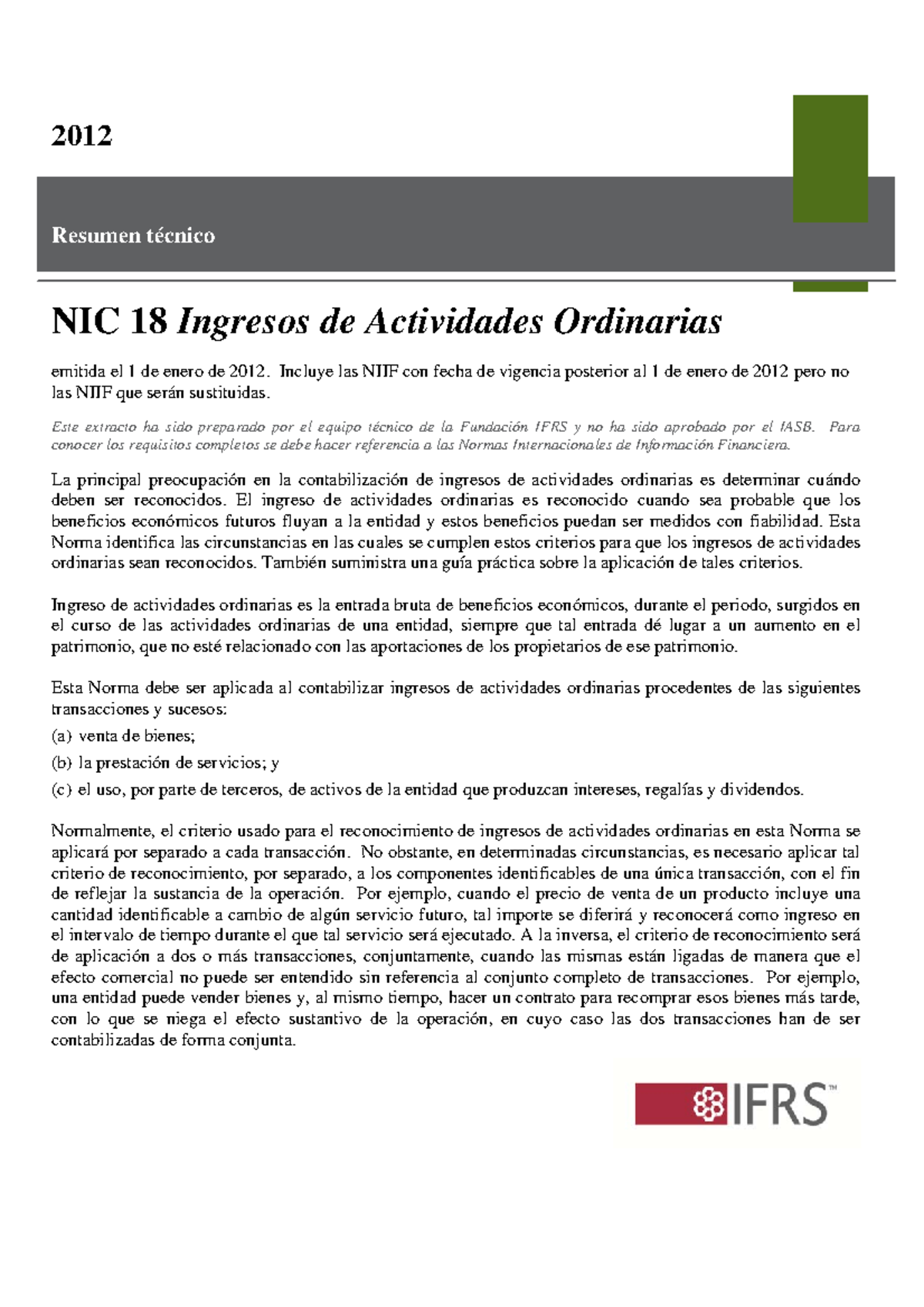 NIC 18 - NIC 18 - 2012 Resumen técnico NIC 18 Ingresos de Actividades ...