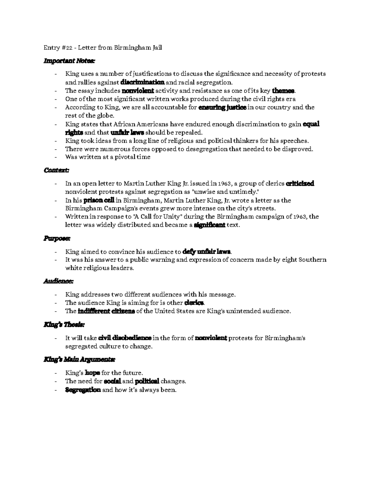 Notes from Letter from Birmingham Jail - Entry #22 - Letter from ...