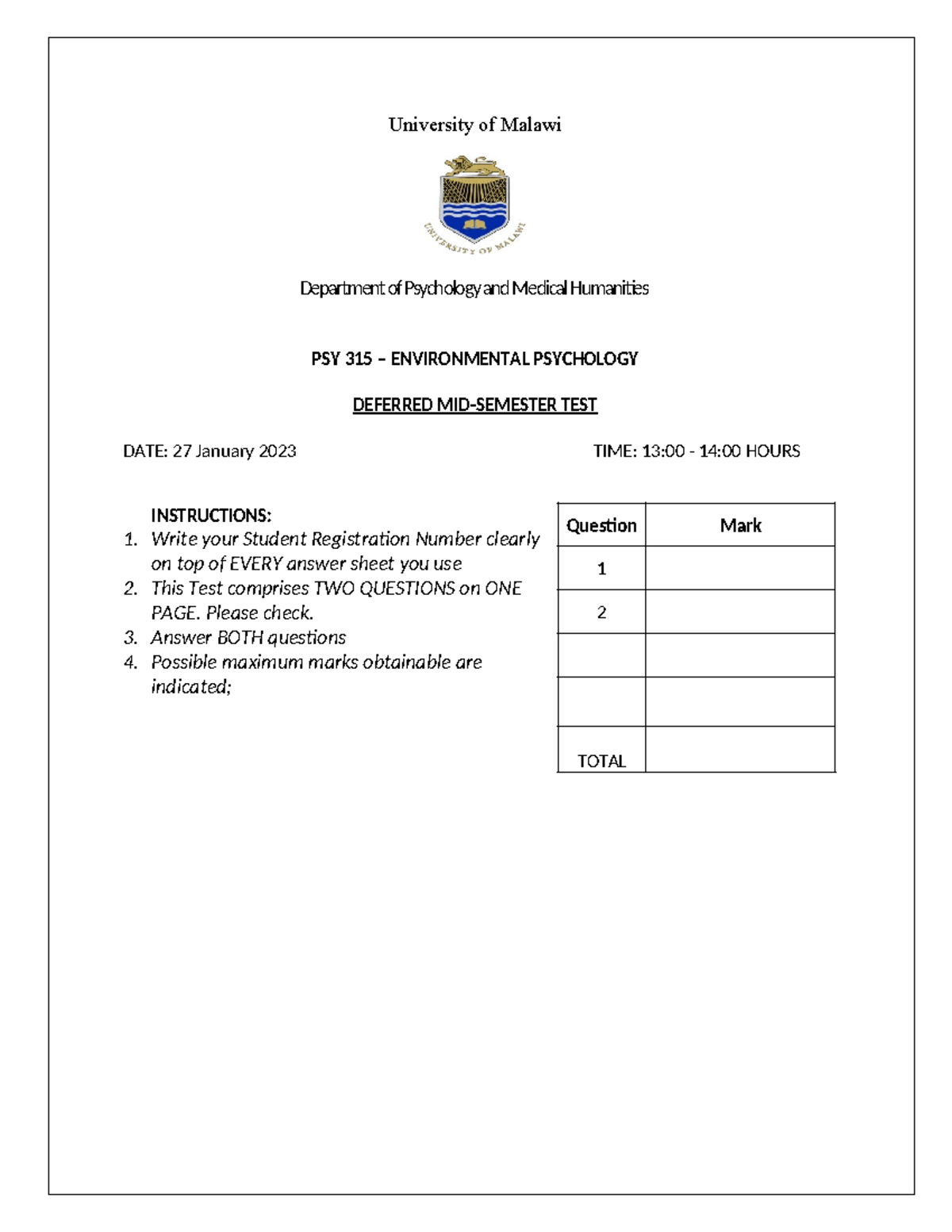 PSY 3152022 Deferred Midsem TEST - University of Malawi Department of ...