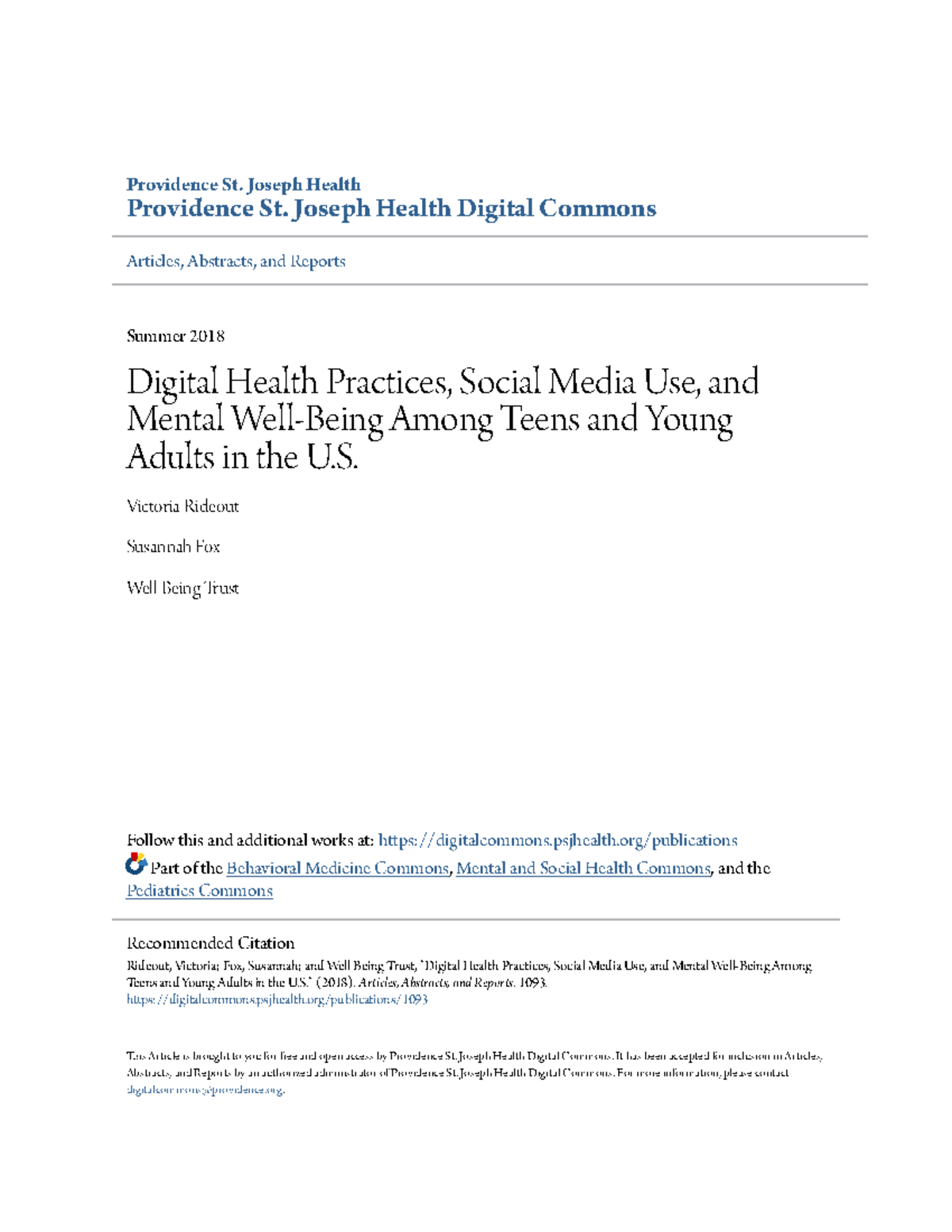 Digital Health Practices Social Media Use and Mental Well-Being ...
