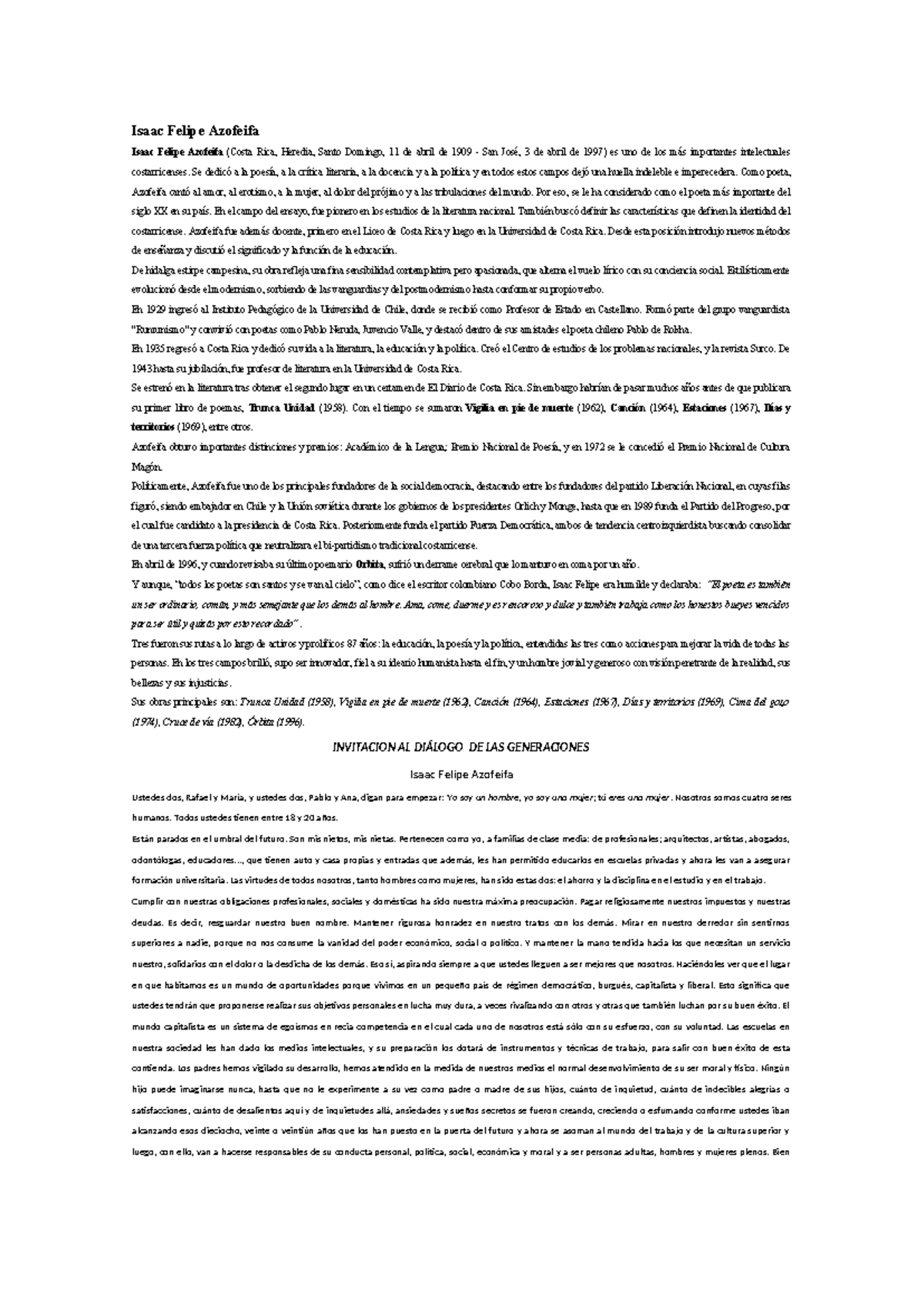 Invitacion AL Diálogo DE LAS Generaciones - Isaac Felipe Azofeifa ...