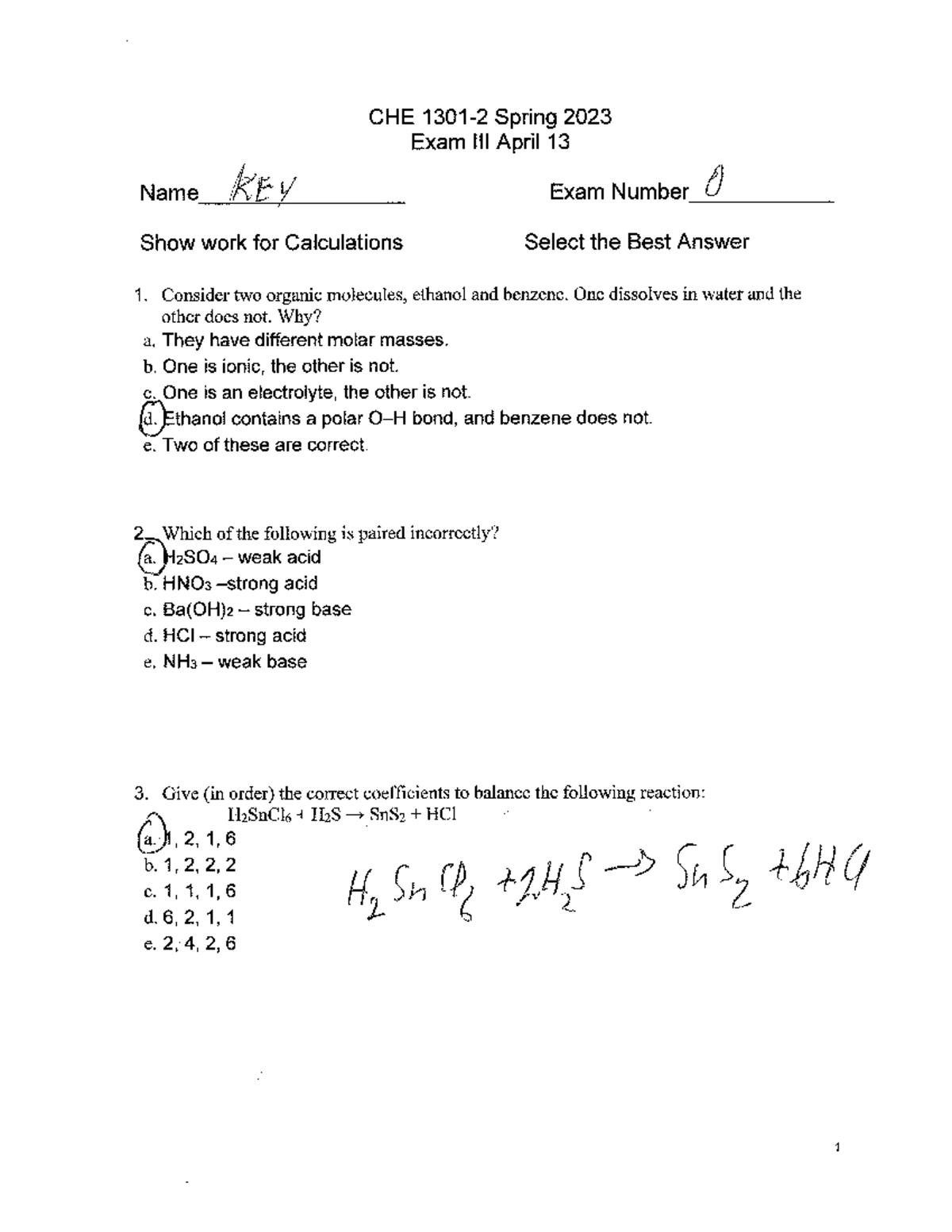 Exam+III+solutions+key - CHE 1301 - Studocu