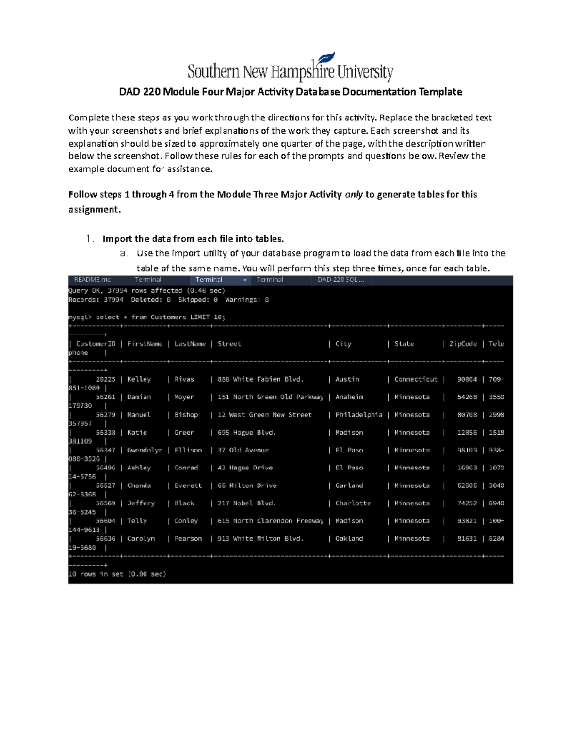 DAD 220 Module Four Major Activity Database Documentation Template 2 - Replace the bracketed ...