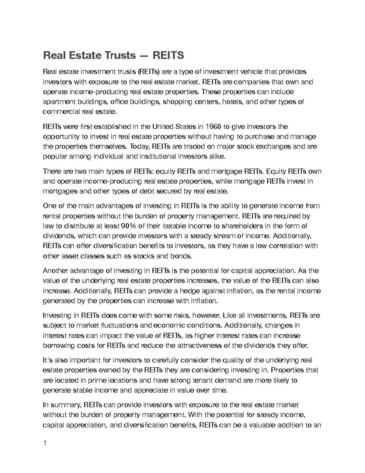 Real Estate Trusts — Reits - Real Estate Trusts — REITS Real estate ...