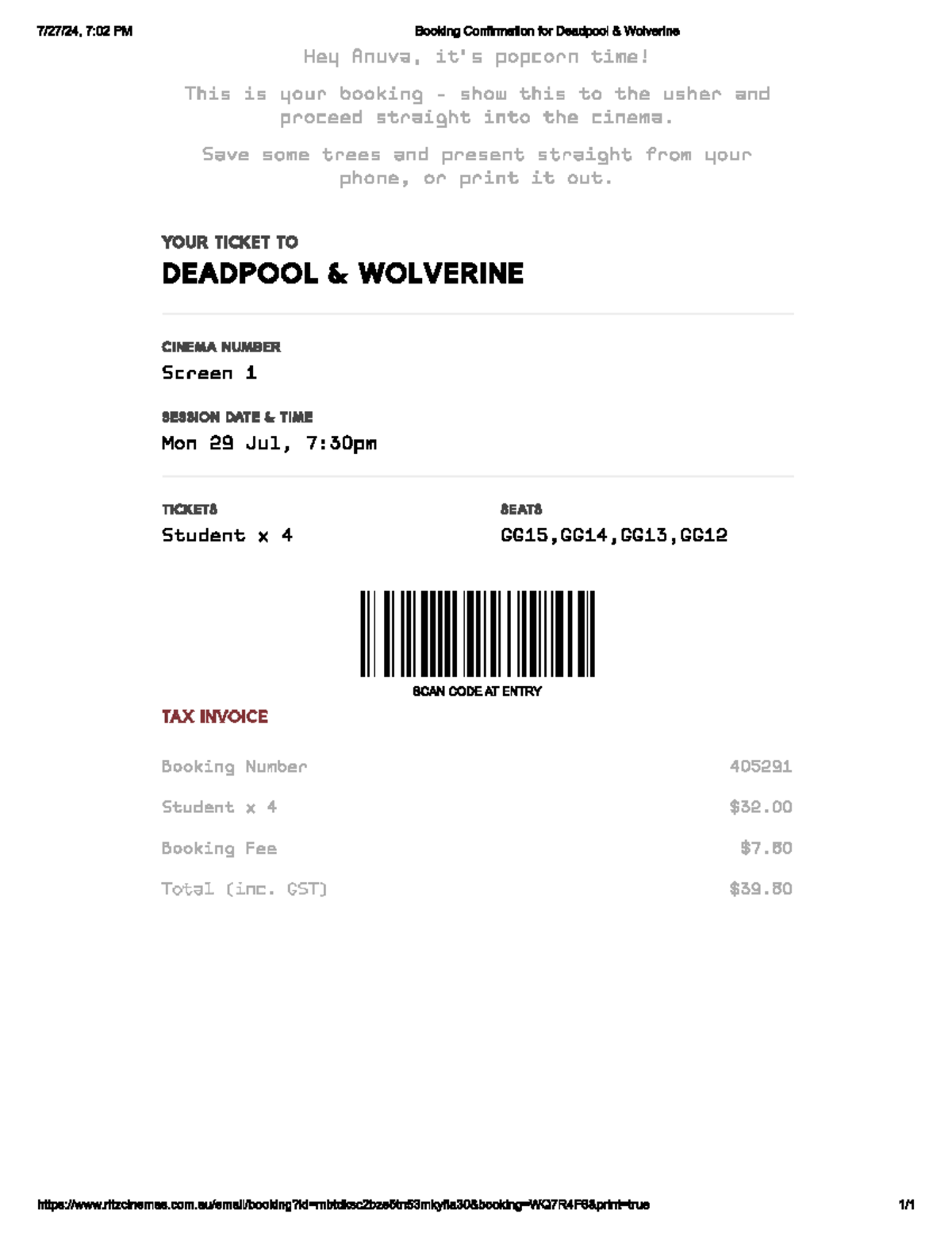 Tix deadpool - practice - 7:02 PM Booking Confirmation for Deadpool ...