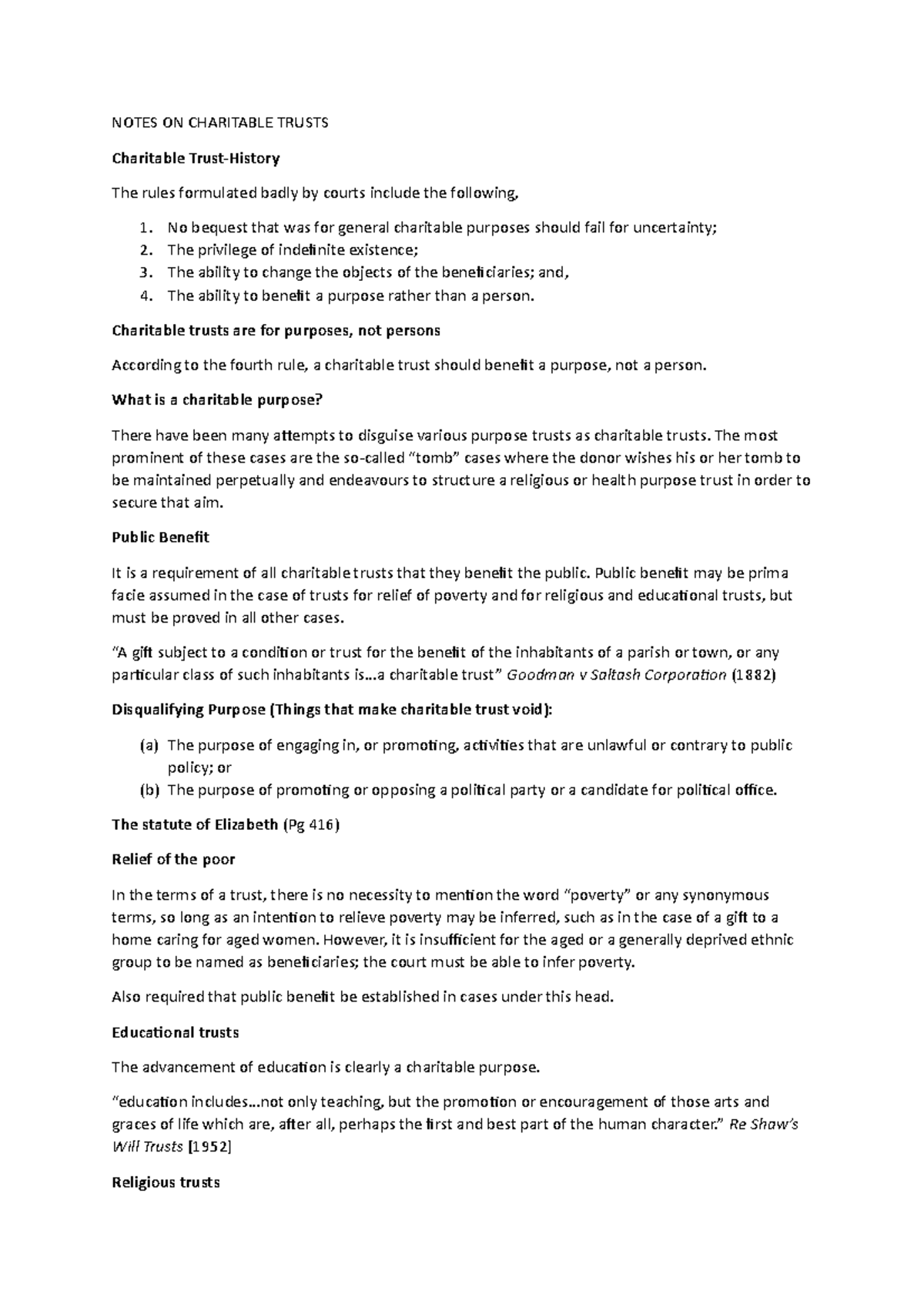 Notes ON Charitable Trusts - NOTES ON CHARITABLE TRUSTS Charitable ...