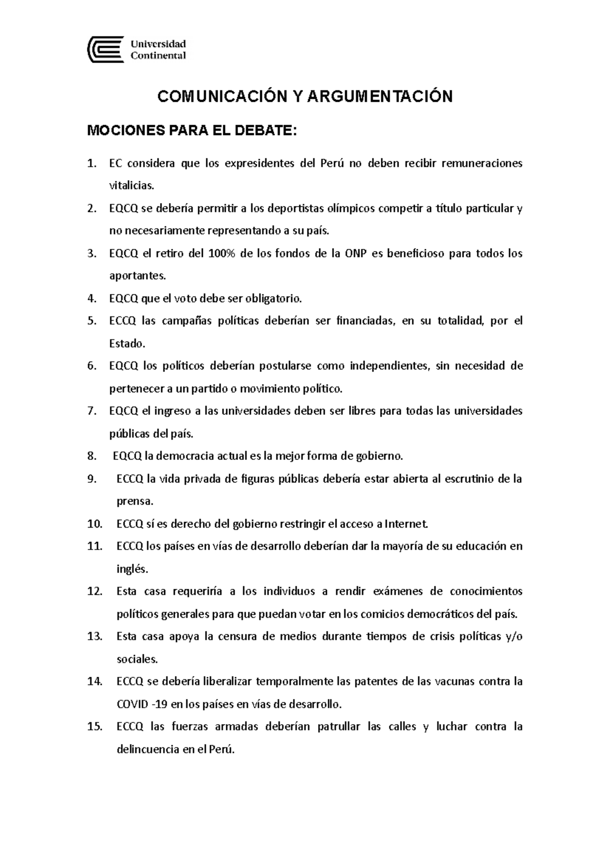 Mociones PARA EL Debate 2022-00 - COMUNICACIÓN Y ARGUMENTACIÓN MOCIONES ...