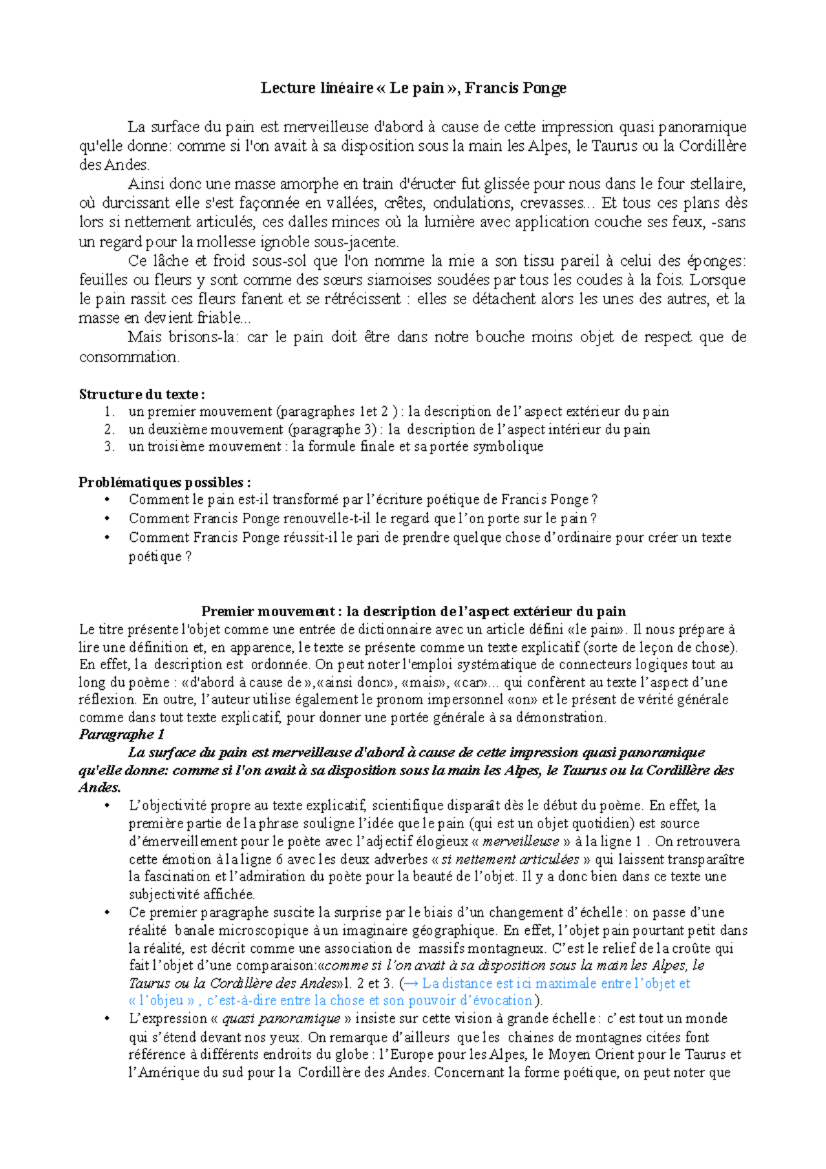 texte eaf de Ponge - Lecture linéaire « Le pain », Francis Ponge La ...