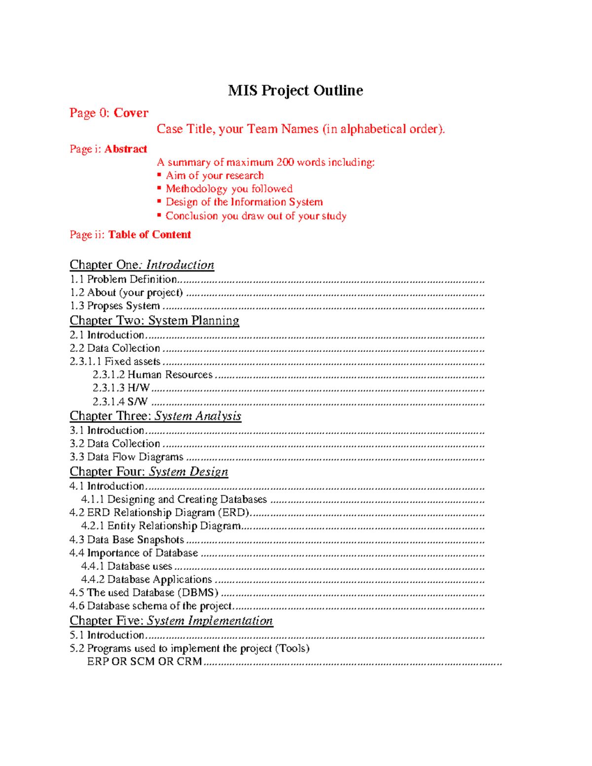 MIS project Outline - MIS Project Outline Page 0: Cover Case Title ...