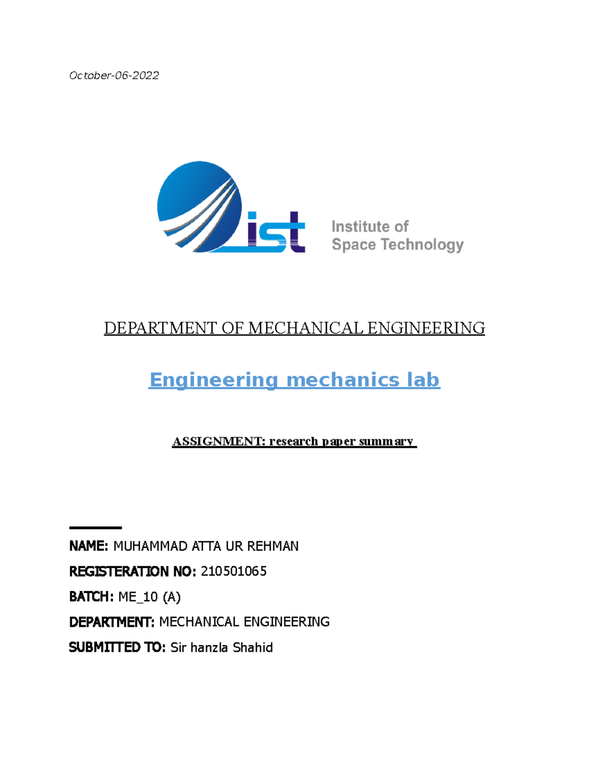 Atta research paper summary - October-06- DEPARTMENT OF MECHANICAL ...
